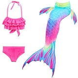 Girls Mermaid Swimsuit 3 Piece Set with Tail Solid Color Bikini Summer ...
