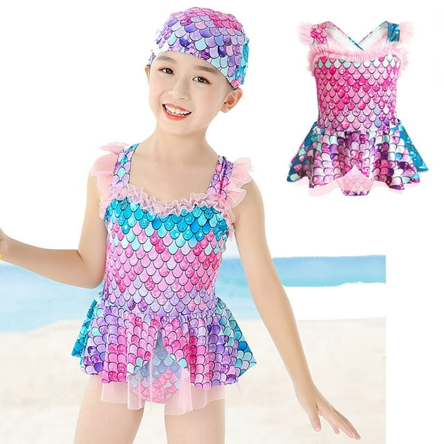 Girls Mermaid Swimsuits Bathing Suit With Cap One Piece Ruffle Beach ...