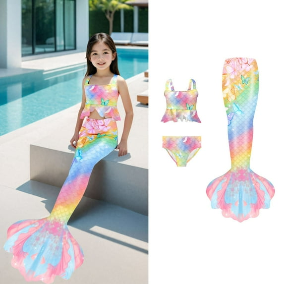 Girls Mermaid Tail for Swimming Cute Ruffle Tankini Bathing Suit Fish ...