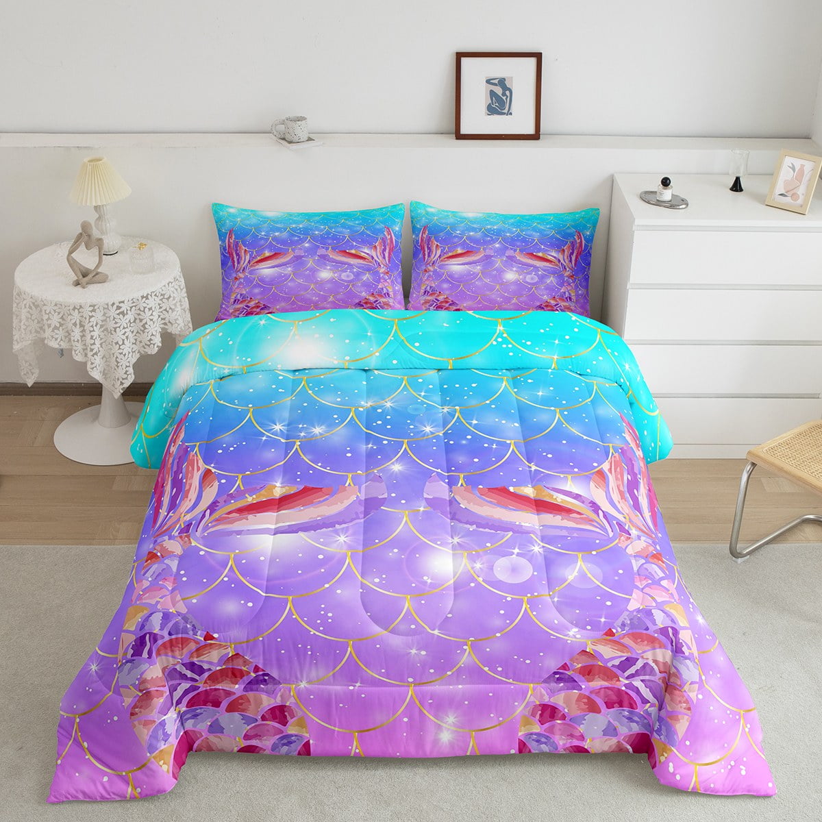 Girls Mermaid Tails Bedding Comforter Sets Mermaid Fish Scale Comforter ...
