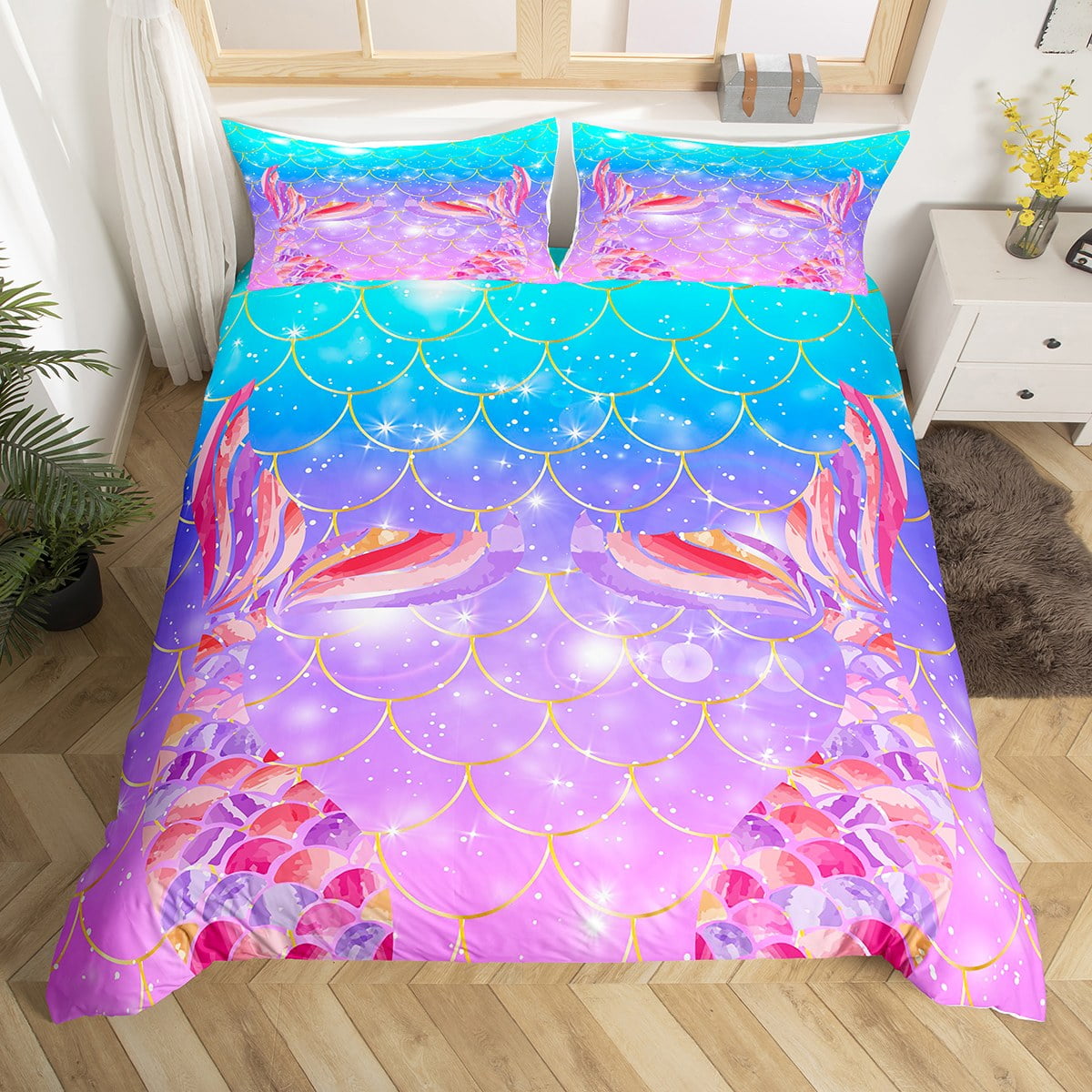 Girls Mermaid Tails Duvet Cover Mermaid Fish Scale Comforter Cover ...