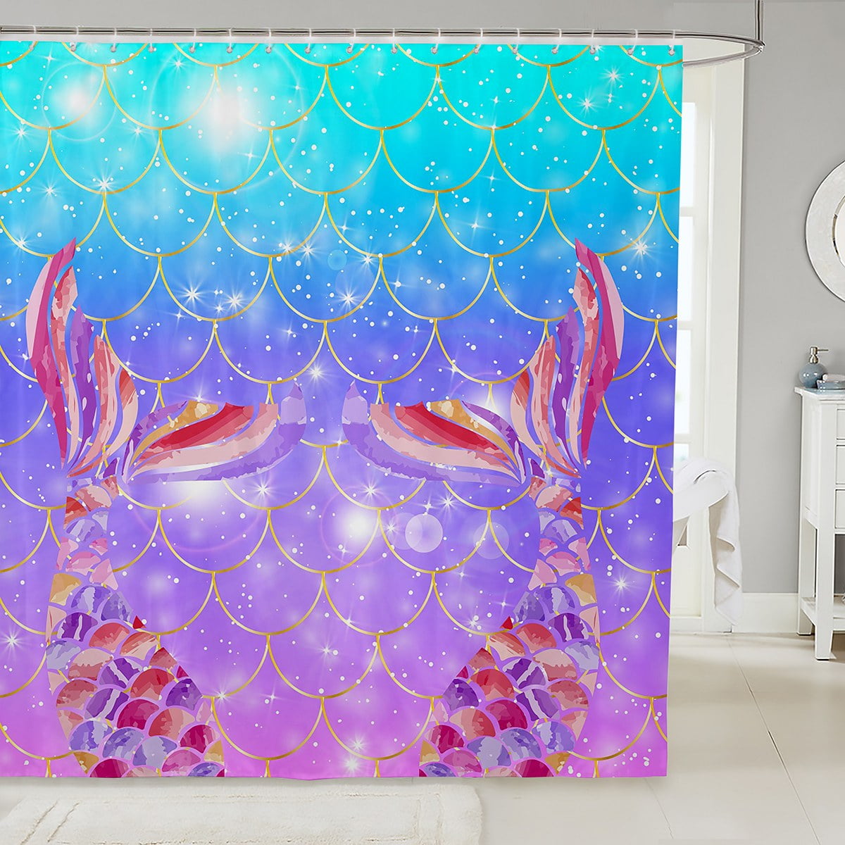 Girls Mermaid Tails Shower Curtain Mermaid Fish Scale Bathroom Shower ...