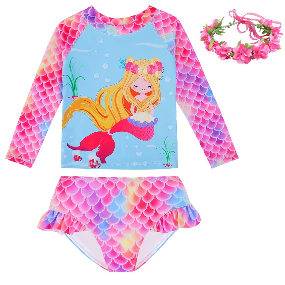 Girls Mermaid Two Piece Swimsuits Long Sleeve Rash Guard Zipper Front ...