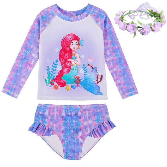 Girls Mermaid Two Piece Swimsuits Long Sleeve Rash Guard Zipper Front ...