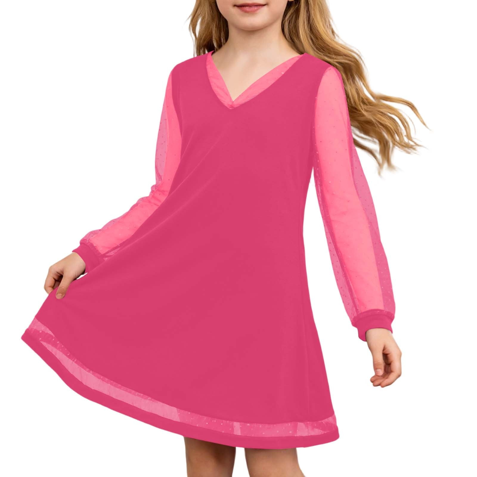 Girls Mesh Dress Solid Color Long Sleeve V Neck Princess Dress Party ...