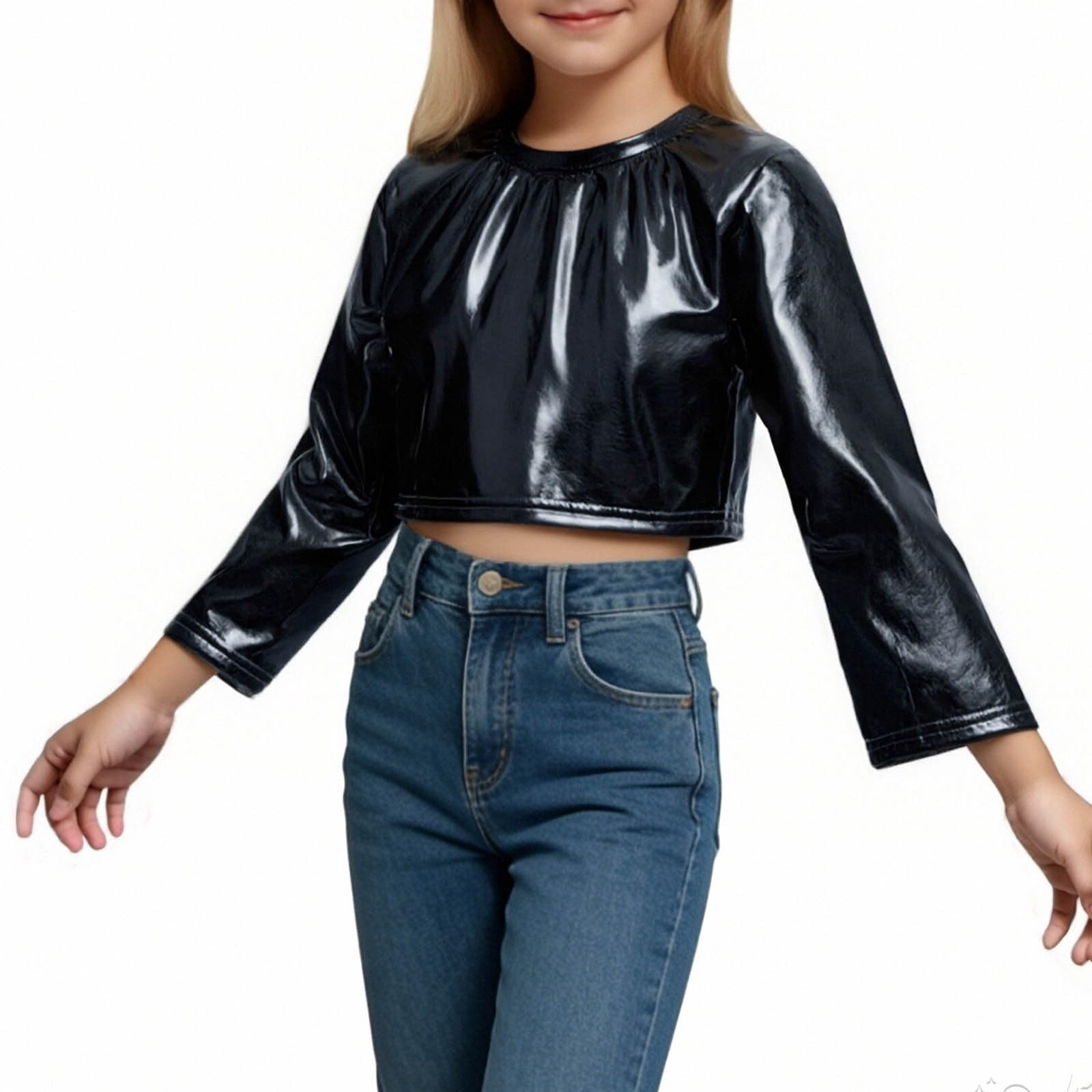 YOUYEDIAN Girls Metallic Crop Top Kids Long Sleeve Dance Hip Hop Shirt ...