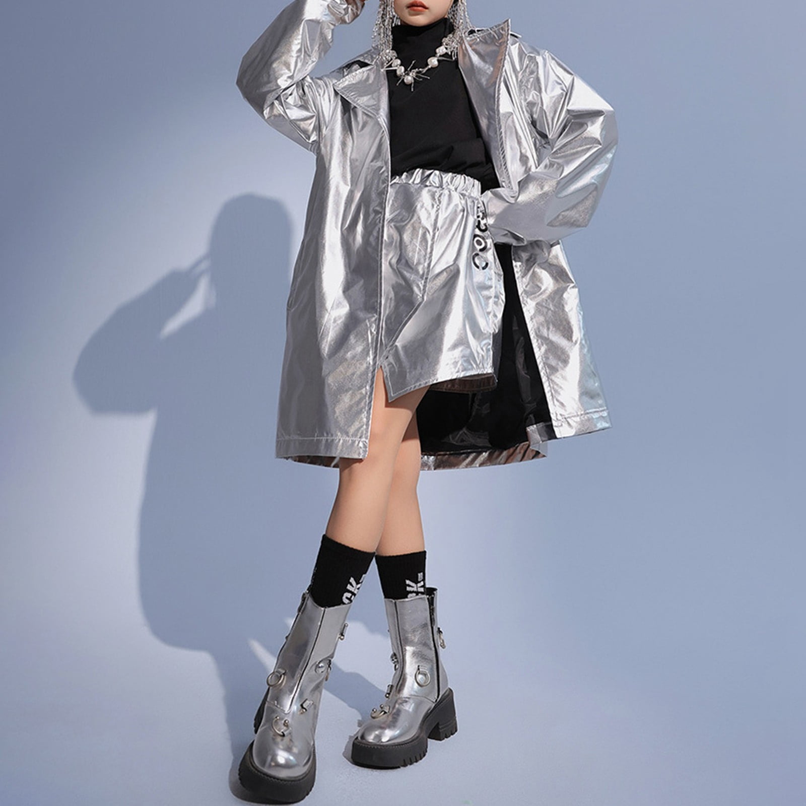 Girls Metallic Reflective Coat & Skort Set Notch Lapel Belted Coat ...