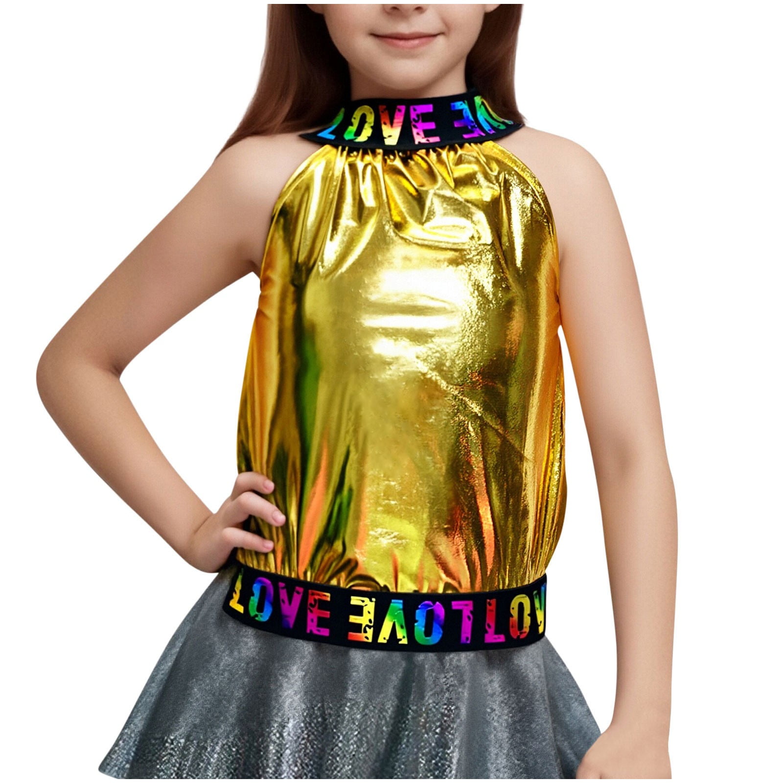 Girls Metallic Shiny Halter Top Printing Costume Sleeveless Shirts Kids ...