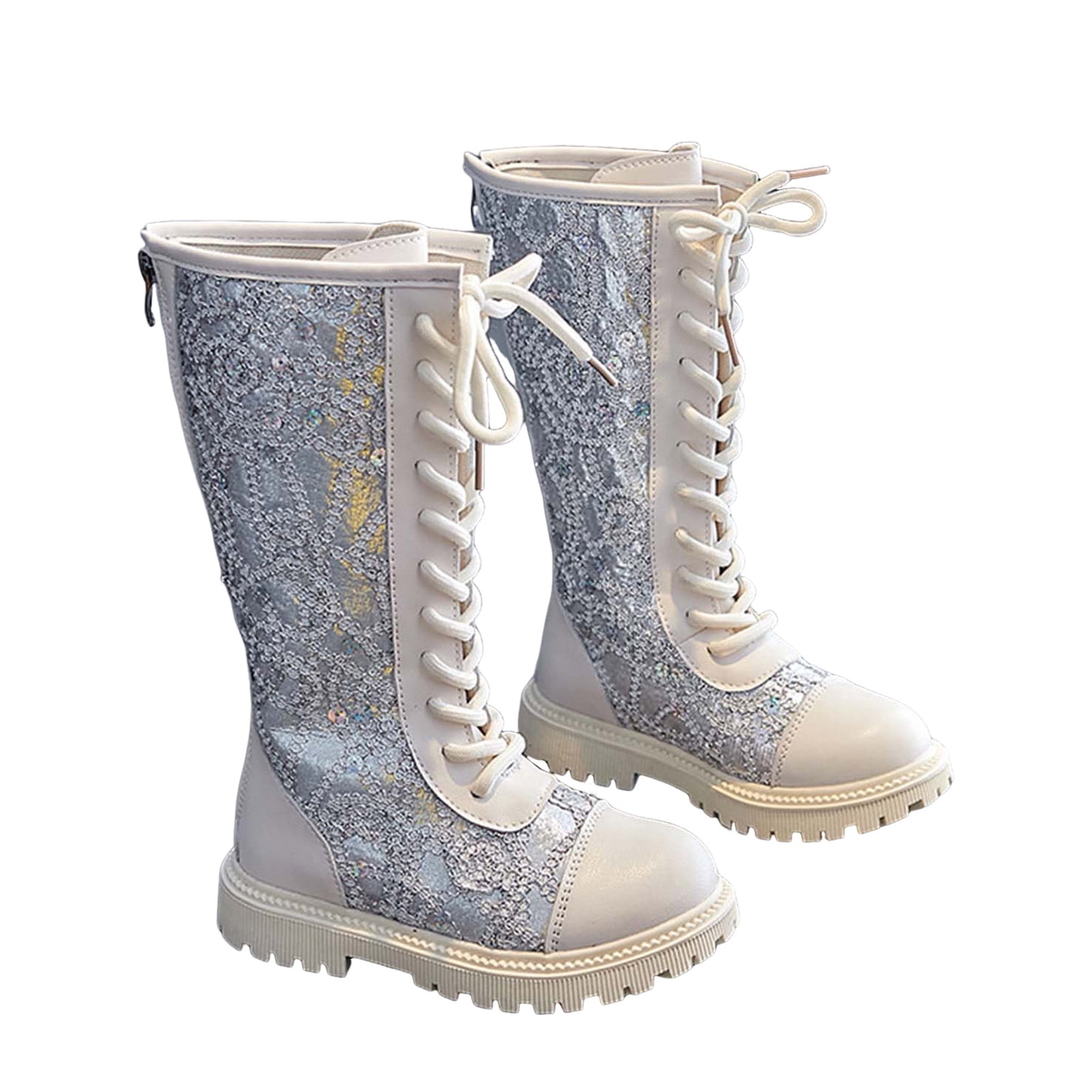 Girls Mid Calf Boots Glitter Sequin Back Zipper Lace up Long Booties ...
