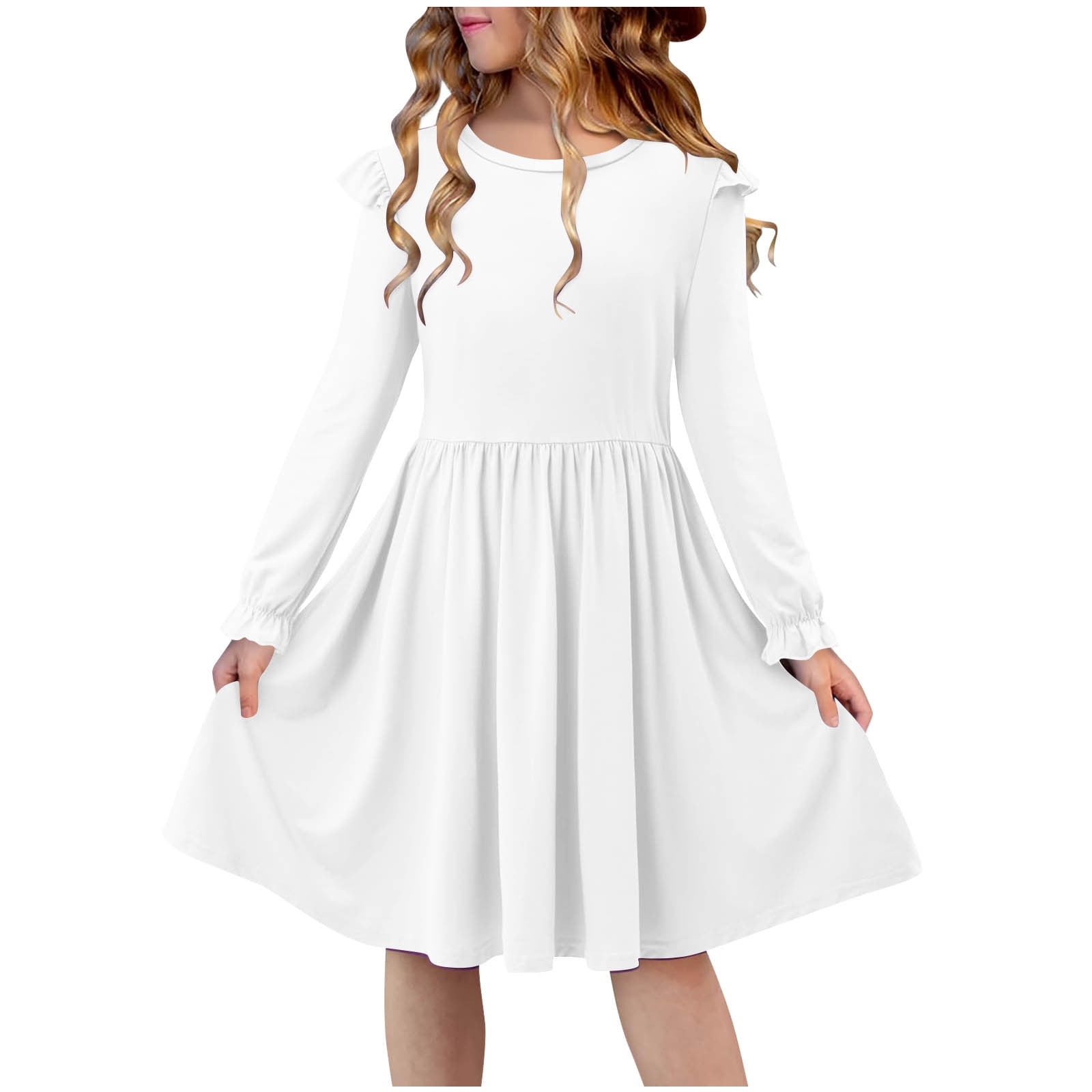 Girls Midi Dresses Crew Neck Ruffle Long Sleeve Tunic Pleated A-Line ...