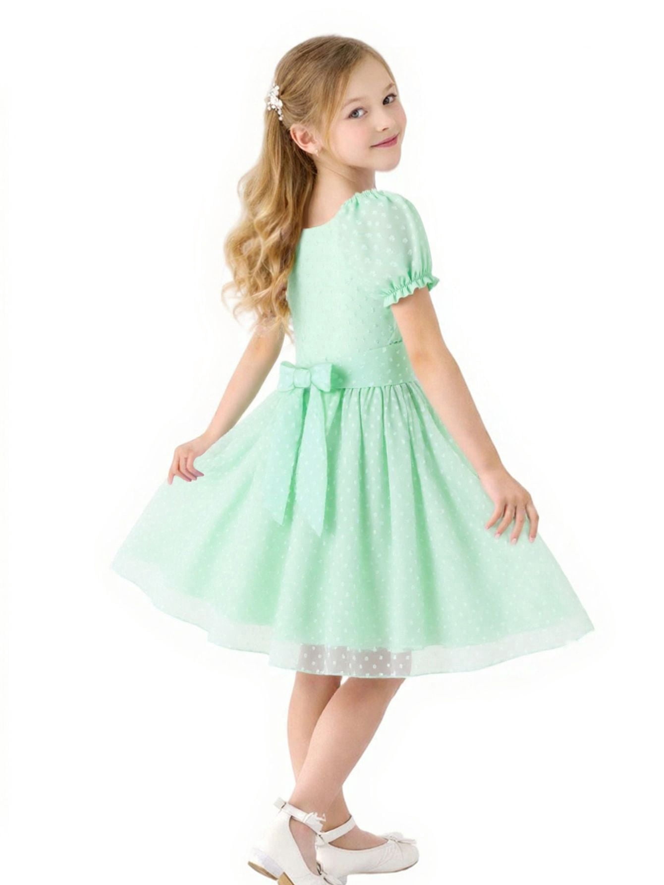 HILEELANG Girls Light Blue Swiss Dot Puff Sleeve Polyester Dress 4-5Y ...