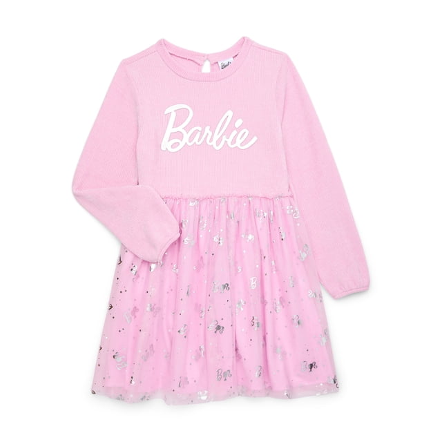 Barbie Girls Mixed Media Dress with Long Sleeves, Sizes 4-12 - Walmart.com
