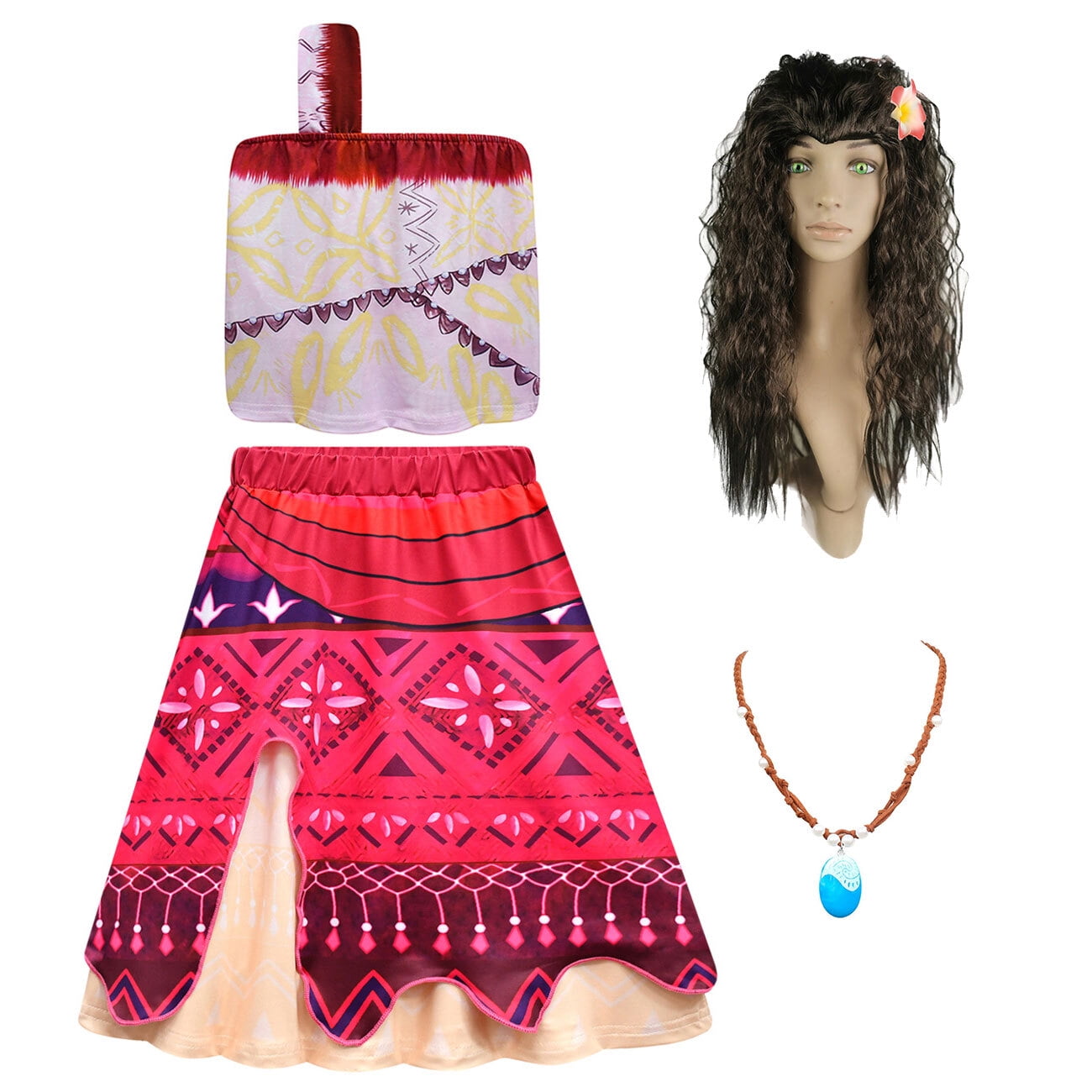 Girls Moana Costume with Wig Necklace Two-Pieces Crop Top Skirt ...