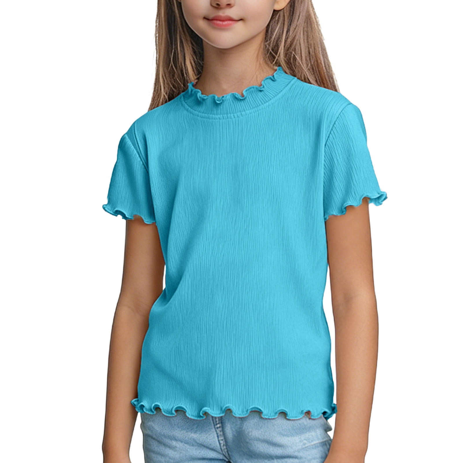 Girls Mock Neck Short Sleeve Shirts Lettuce Trim Slim Fit T-Shirts Spring Layer Basic Tops Tees ...