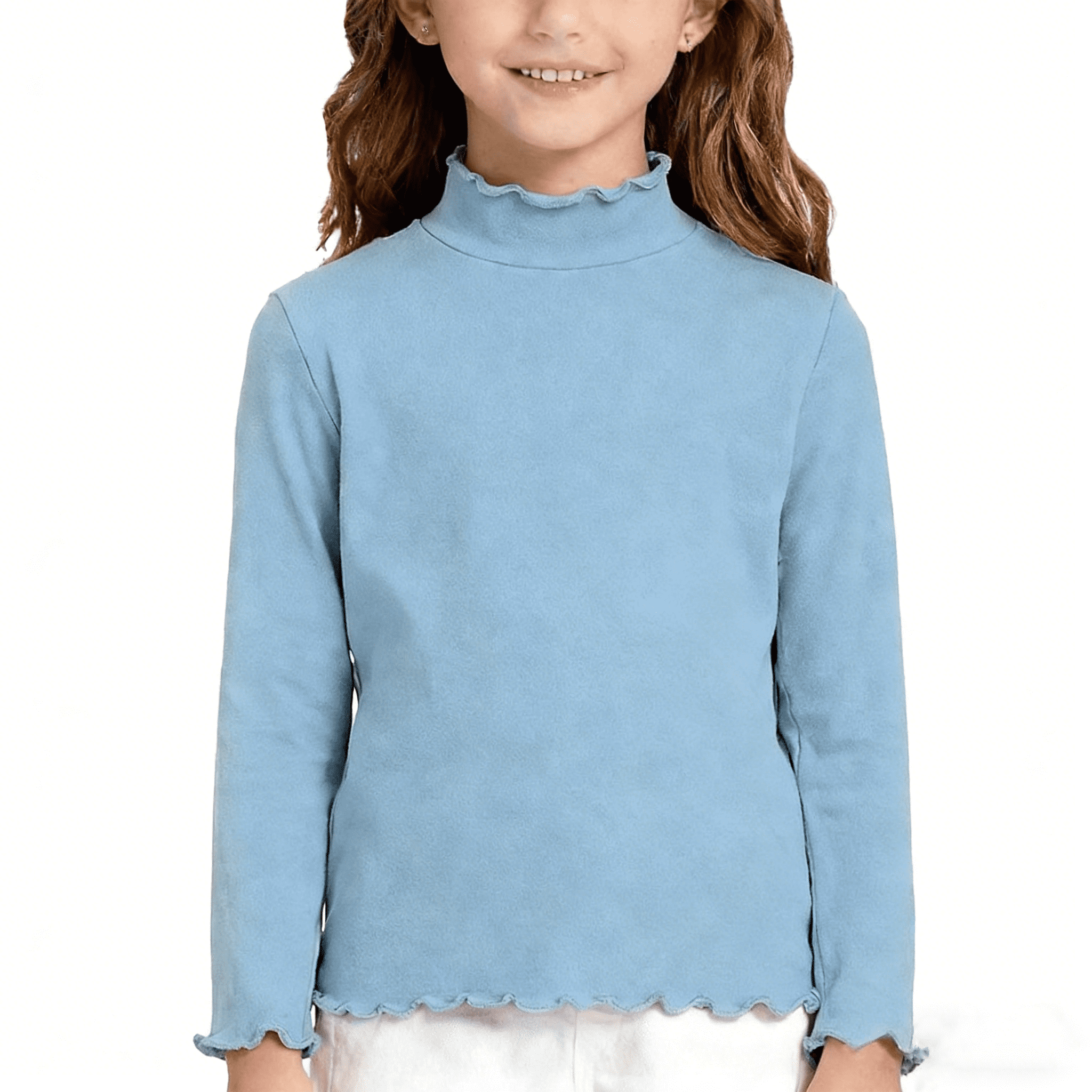 Girls Mock Neck T Shirt Kids Slim Fit Lettuce Trim Long Sleeve Base ...