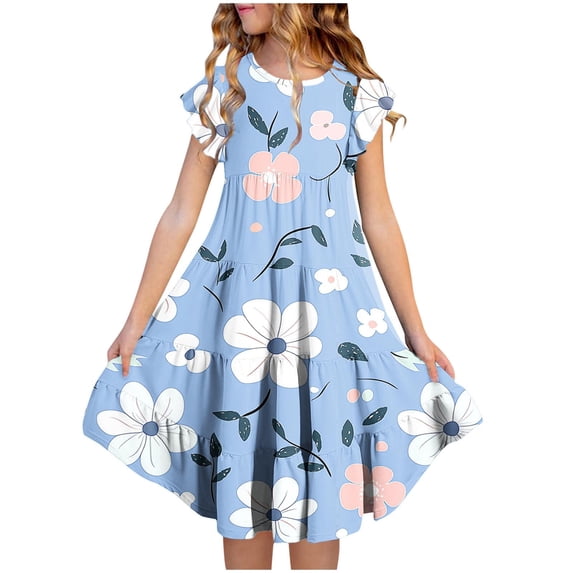 Girls Multicolor Floral Tiered Dress with Ruffle Sleeves and Pockets ...