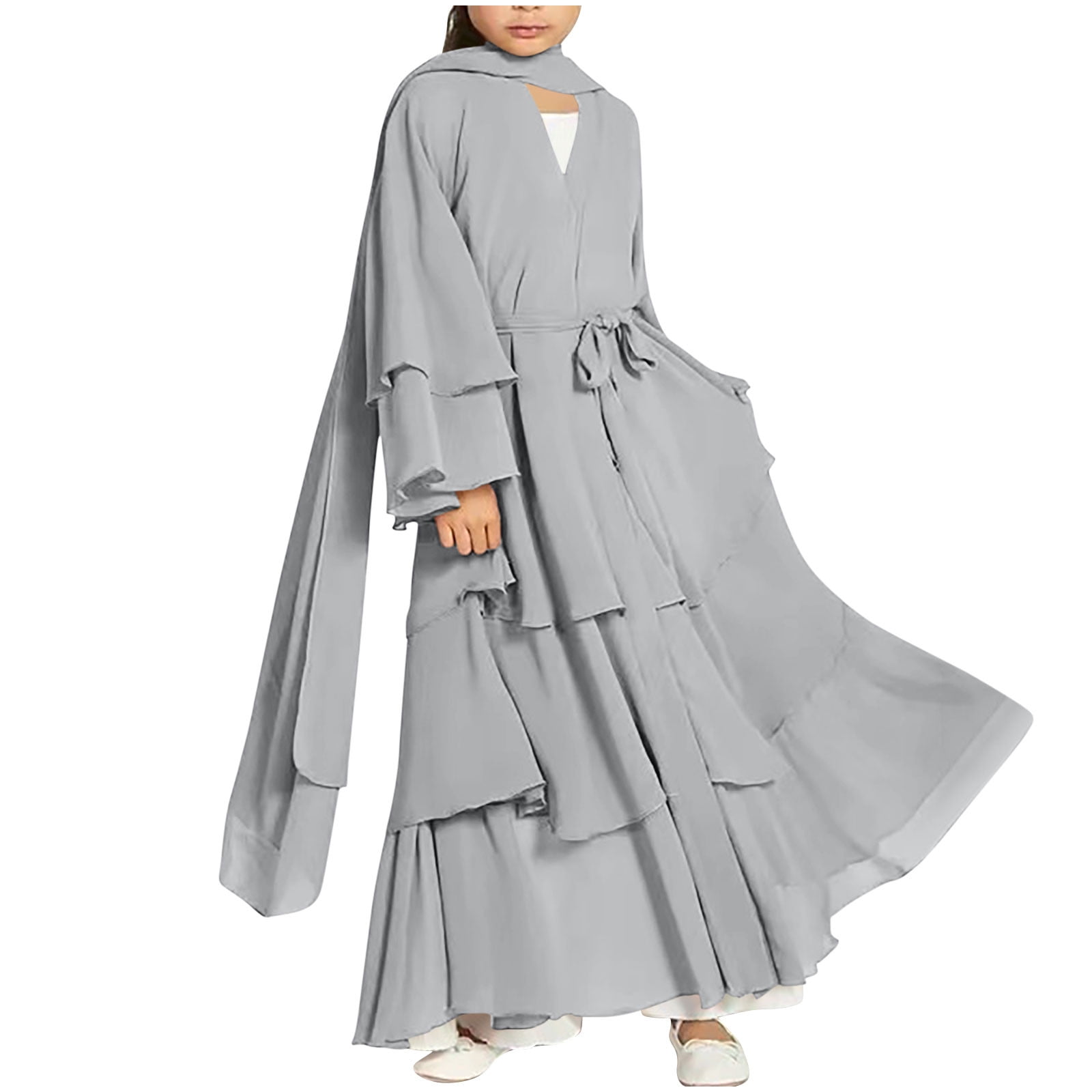 Girls Muslim Abaya Open Front Dress Layered Chiffon Long Sleeve Modest ...
