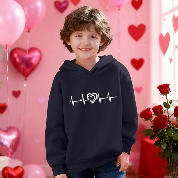 Girls Navy Blue Hoodie | Oversized V-Neck Pullover with Heart EKG ...