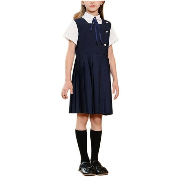 Girls Navy Blue School Uniform Jumper Dress Set, Preppy Pleated ...