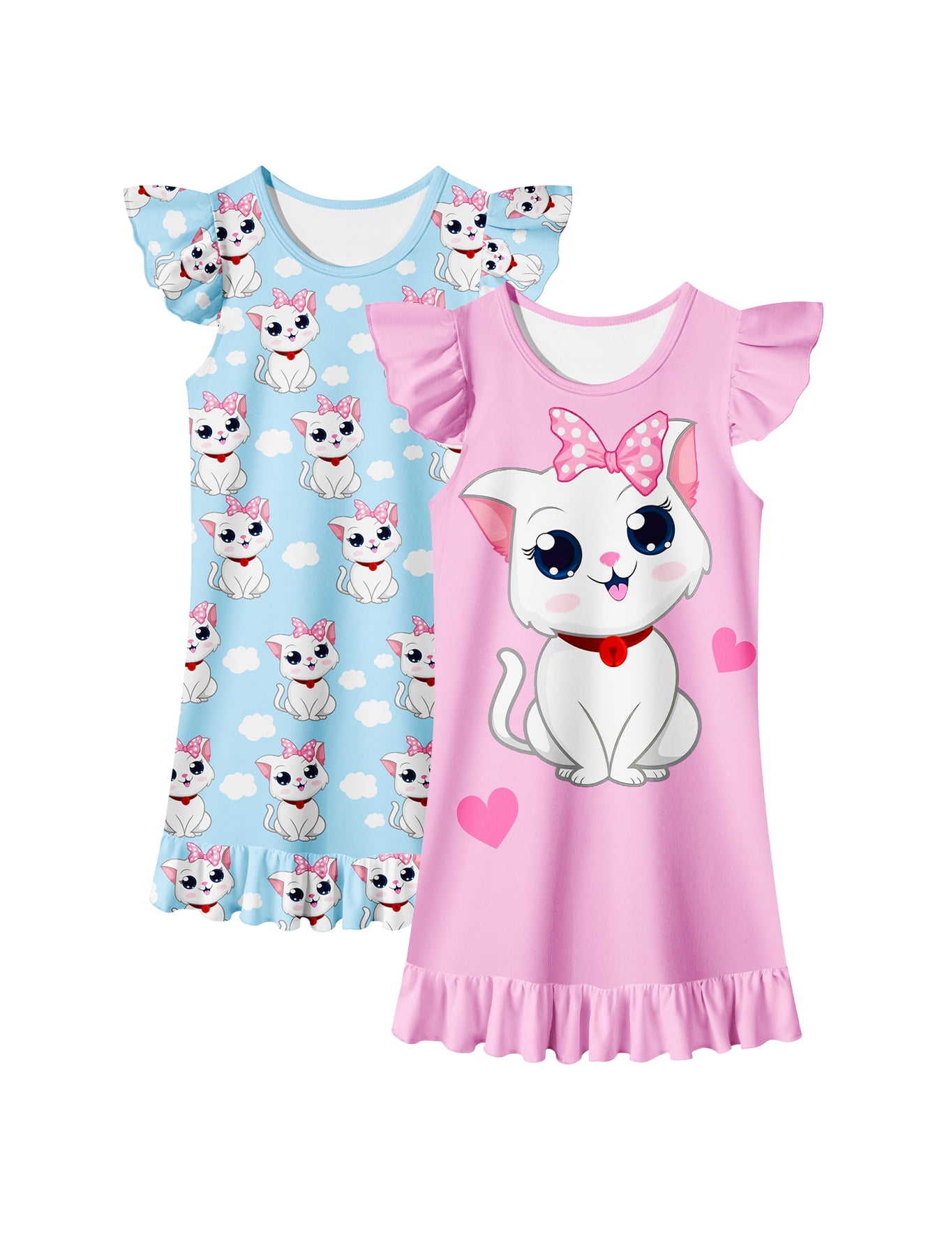 Girls Nightgowns 2-Pack Flutter Sleeve Pajama Dress Princess Unicorn ...