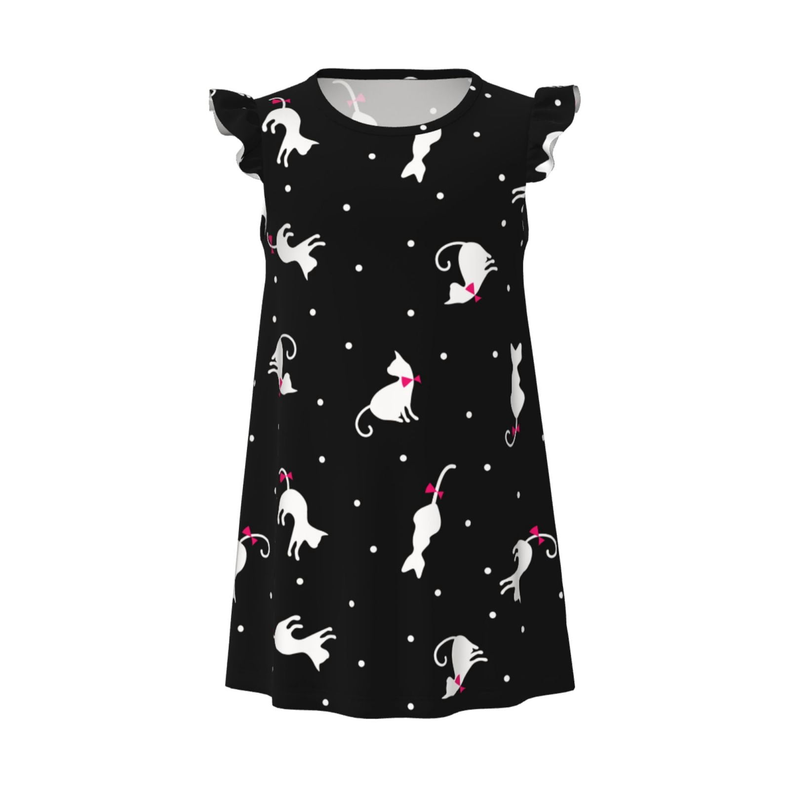 Girls Nightgown Flutter Sleeves Pajamas Cute Cat Bow Pattern Night ...