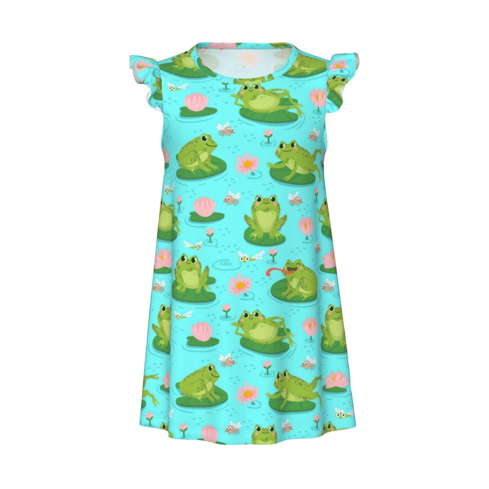 Girls Nightgown Frogs And Aquatic Plants Flutter Short Sleeves Night Dress, Pajamas for Little ...
