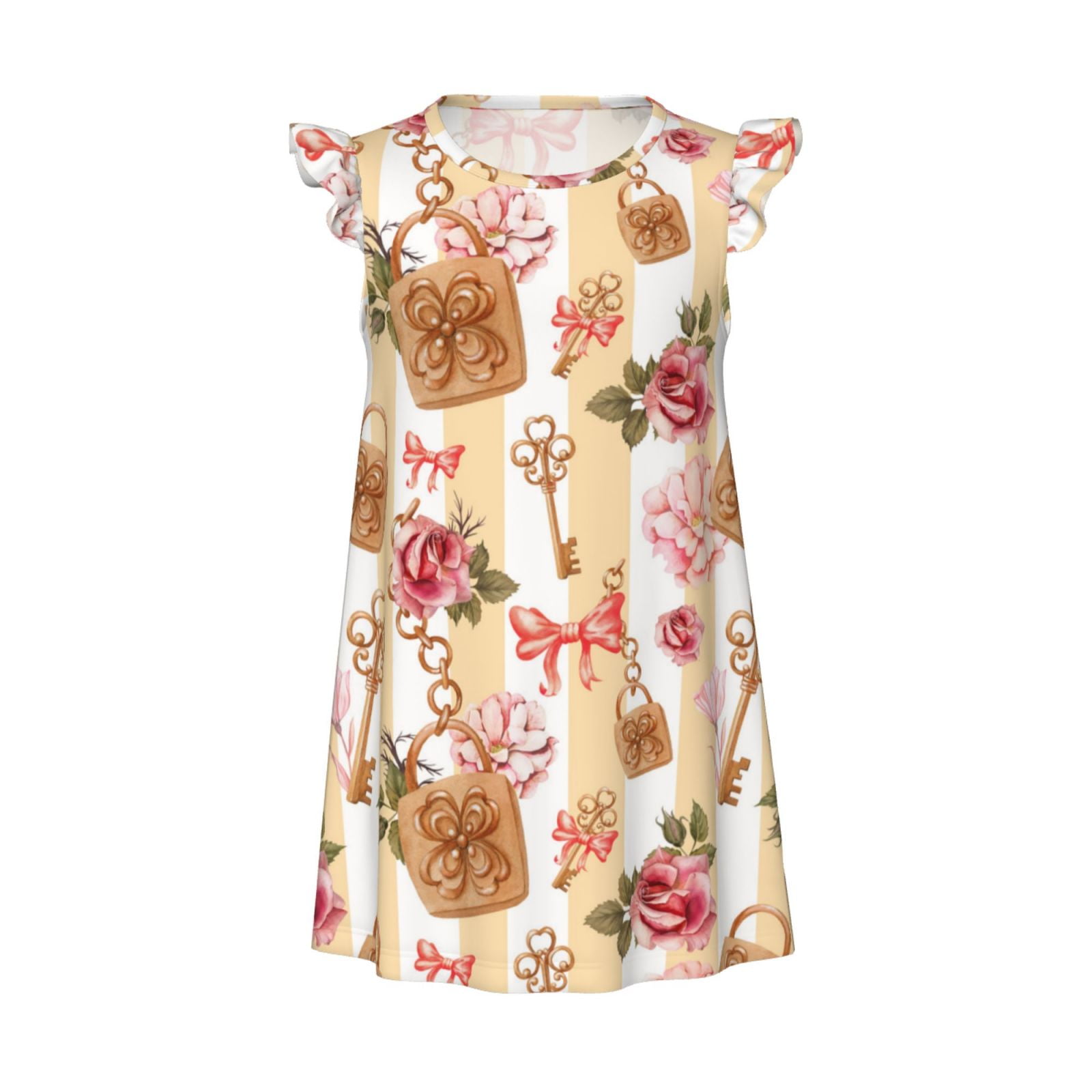 Girls Nightgown Key Lock And Flowers Flutter Short Sleeves Night Dress ...