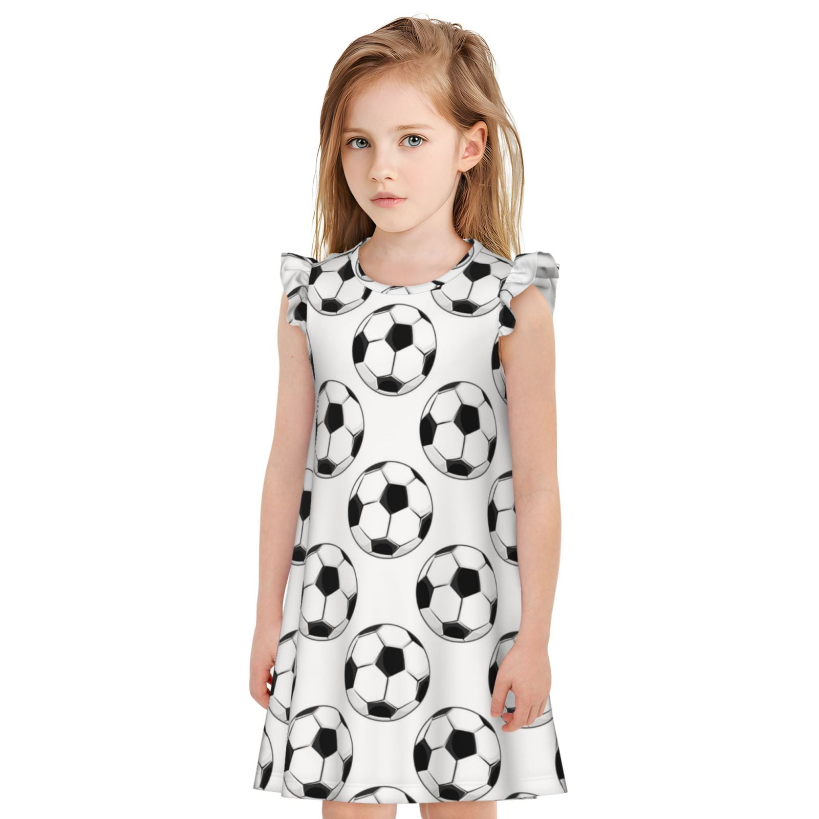 Girls Nightgown with Flutter Short Sleeves white soccer balls football ...