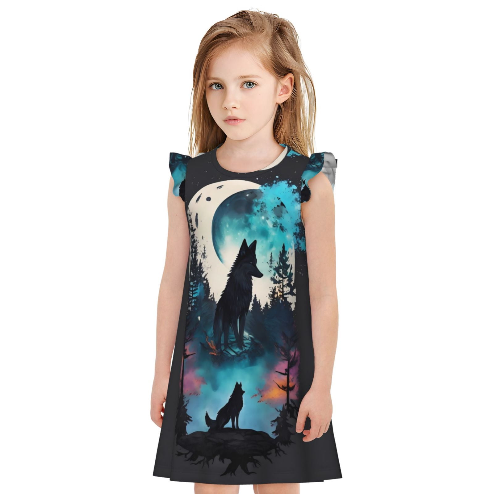 Girls Nightgowns - Artistic Moon Valley Wolf Flutter Sleeves Sleepwear ...