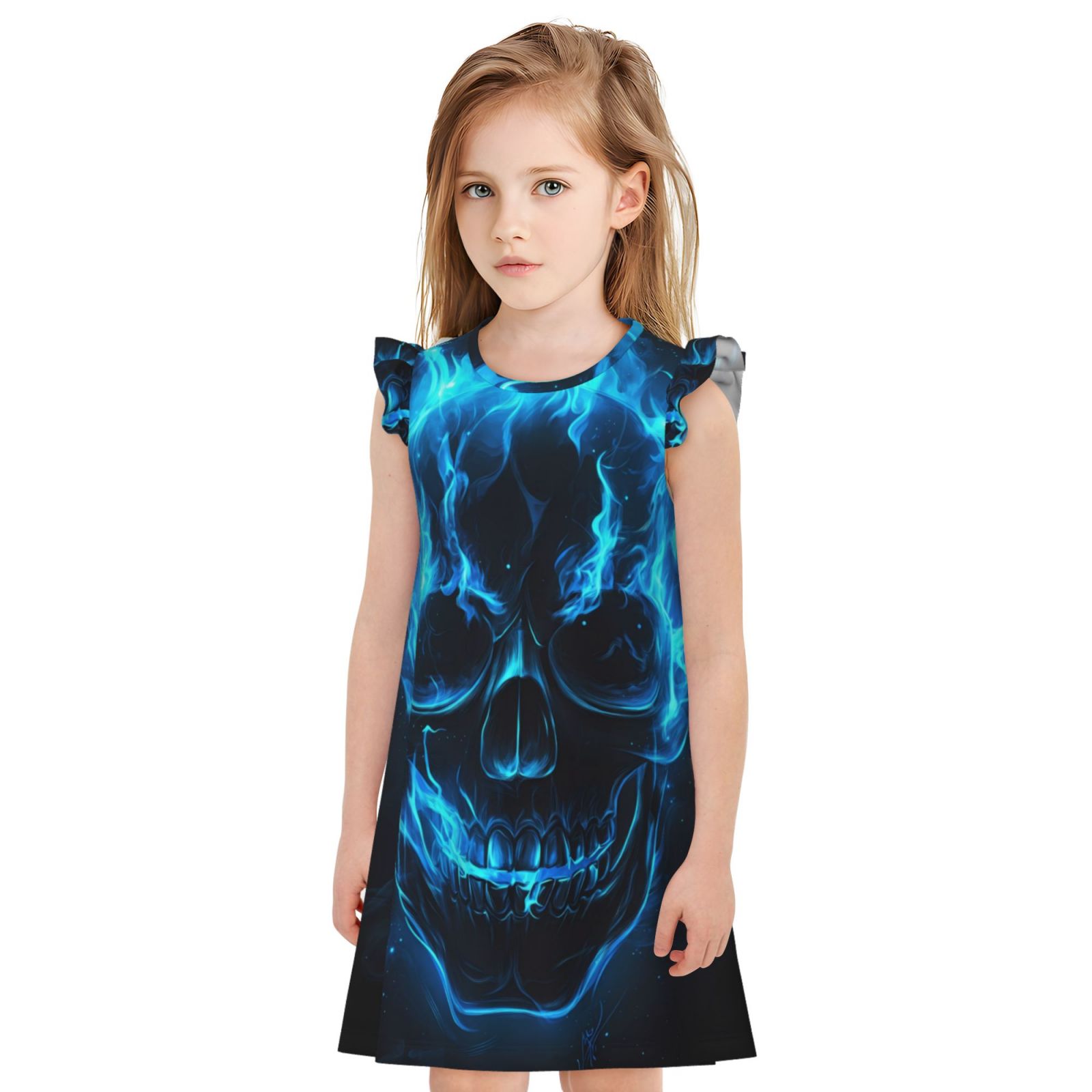 Girls Nightgowns - Blue Fire Skull Flutter Sleeves Sleepwear Night ...