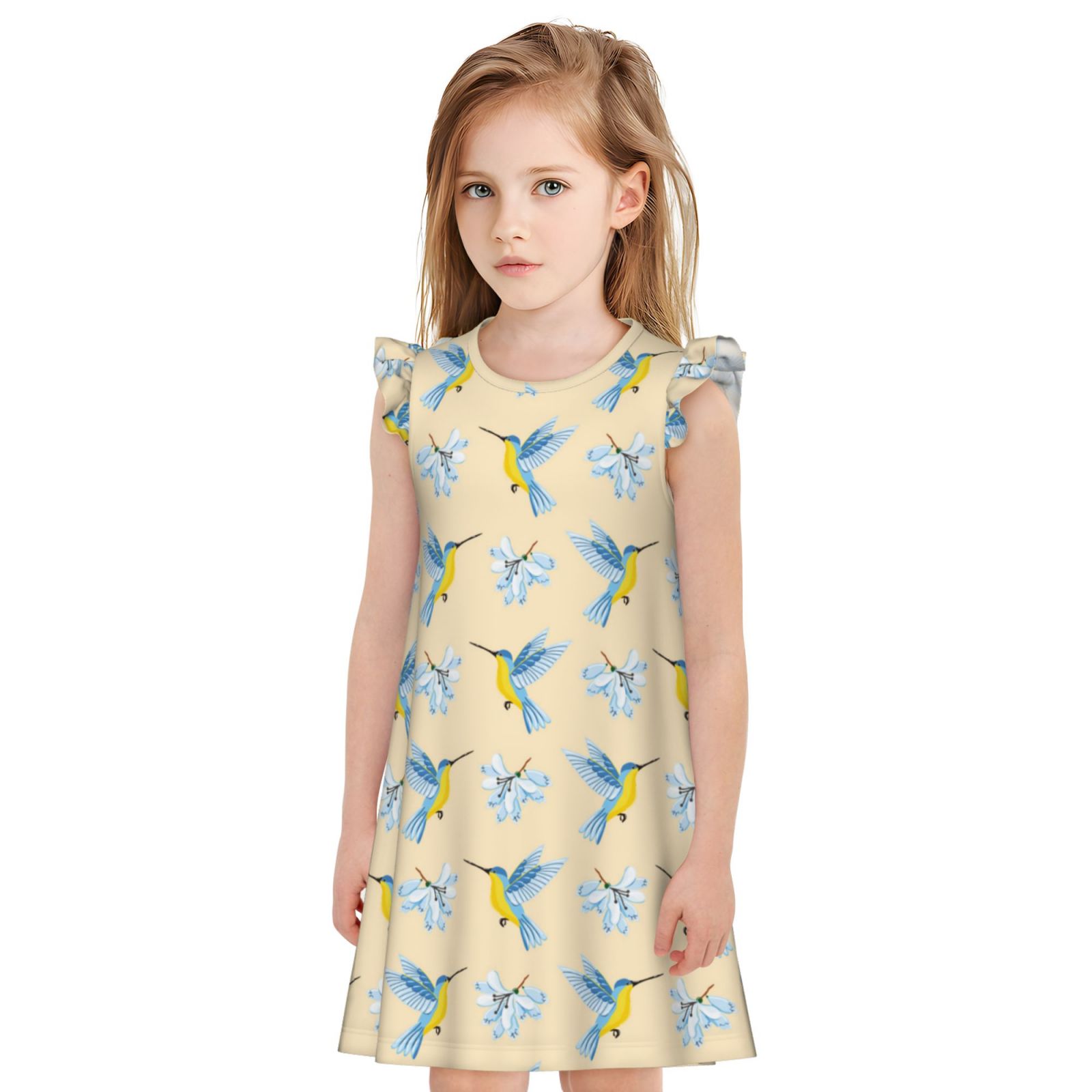 Girls Nightgowns - Blue Hummingbird Flower Flutter Sleeves Sleepwear ...