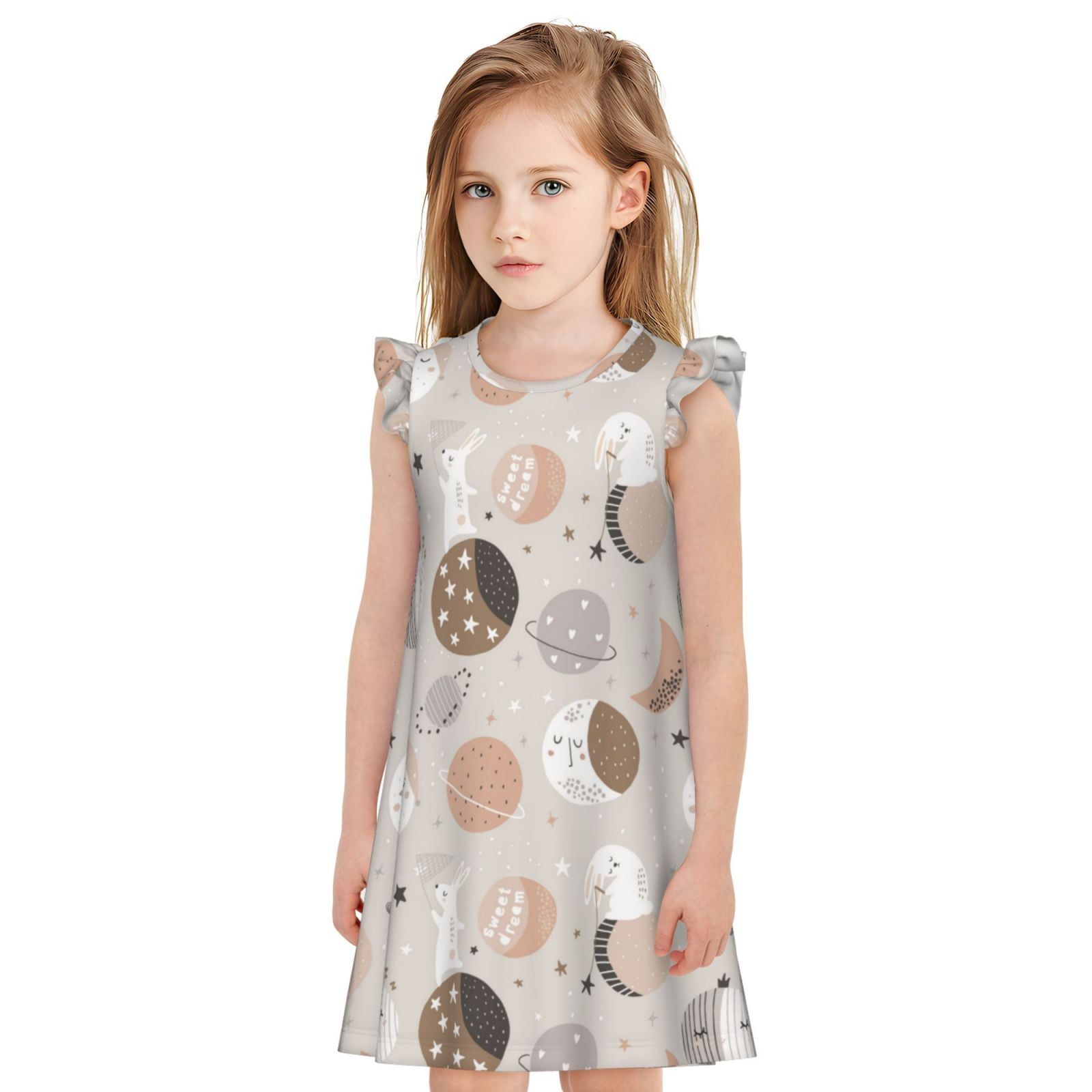 Girls Nightgowns - Bohemian Cute Rabbit Planet Moon Flutter Sleeves ...