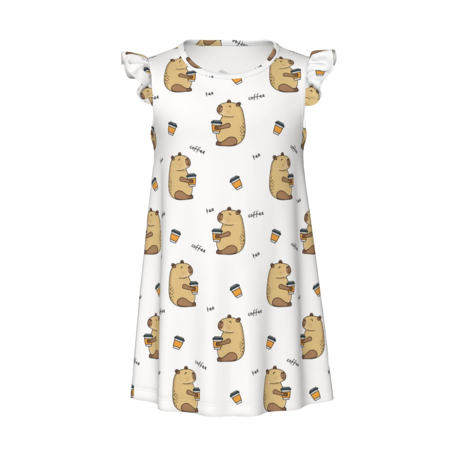 Girls Nightgowns, Capybaras Coffee Flutter Sleeve Pajamas Nightdress ...