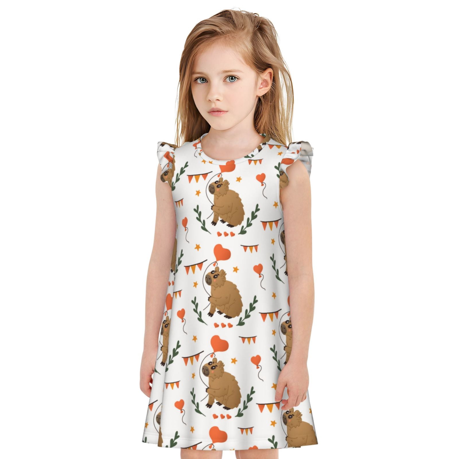 Girls Nightgowns - Capybaras Heart Balloons Flutter Sleeves Sleepwear ...