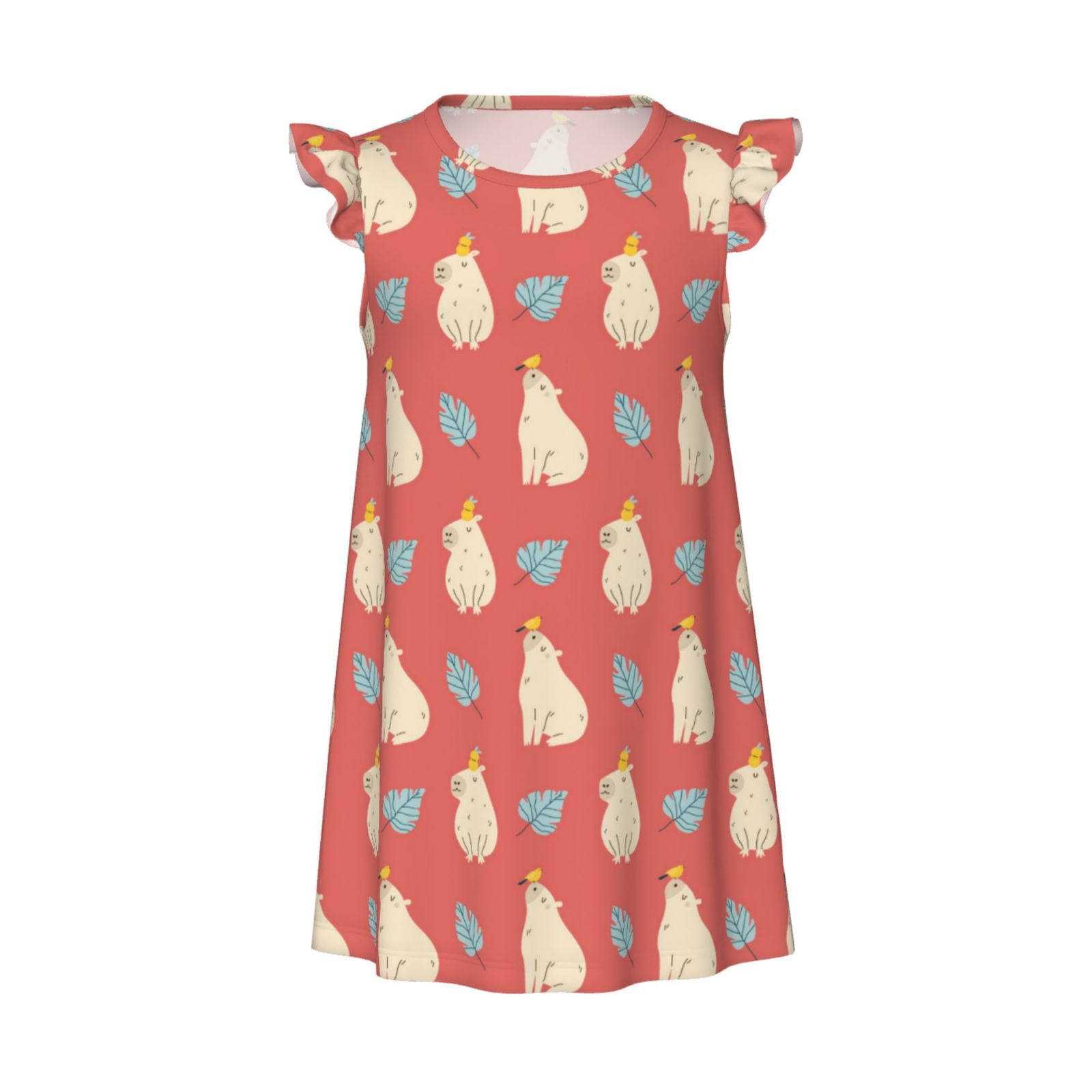 Girls Nightgowns, Capybaras Red Flutter Sleeve Pajamas Nightdress ...
