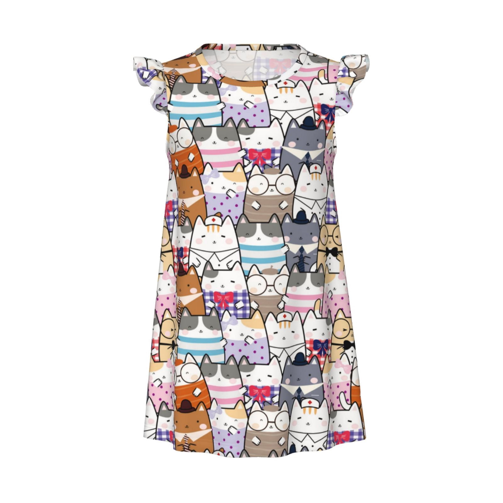 Girls Nightgowns, Cartoon Cute Cat With Glasses Flutter Sleeve Pajamas ...