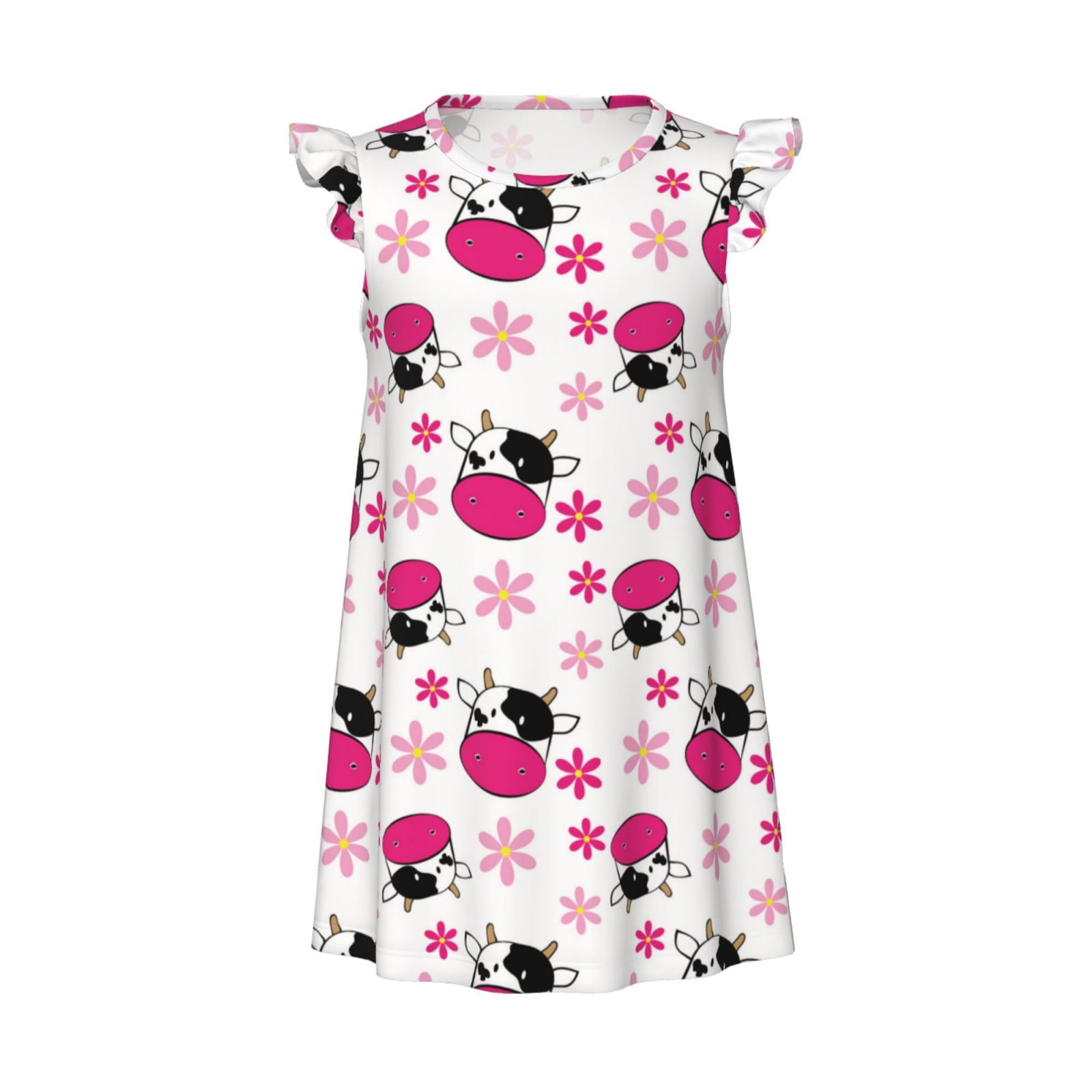 Girls Nightgowns, Cartoon Cute Cow Flower White Flutter Sleeve Pajamas ...