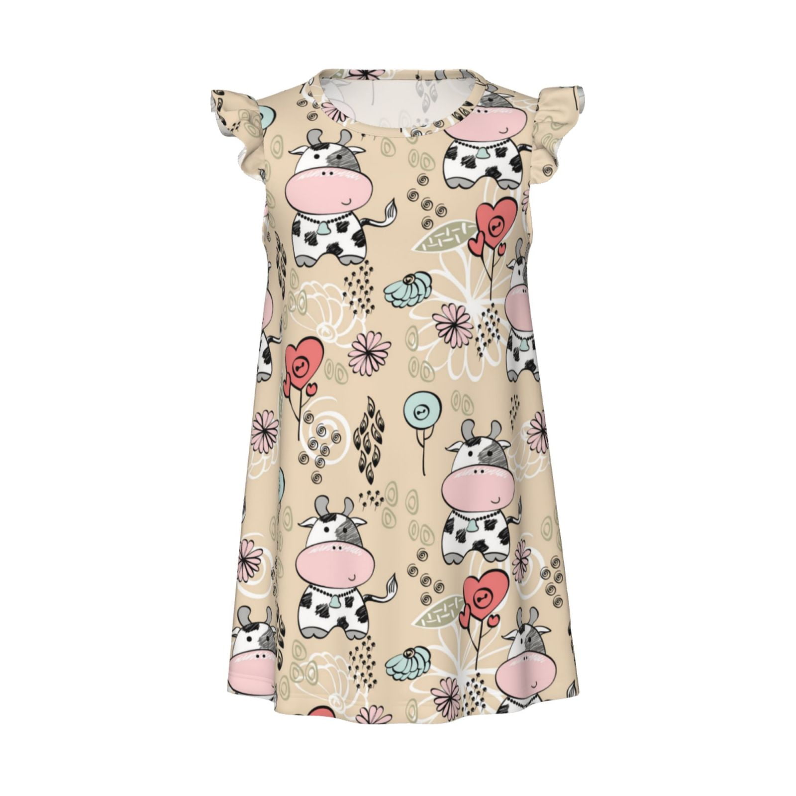 Girls Nightgowns, Cartoon Cute Cow Love Flutter Sleeve Pajamas ...