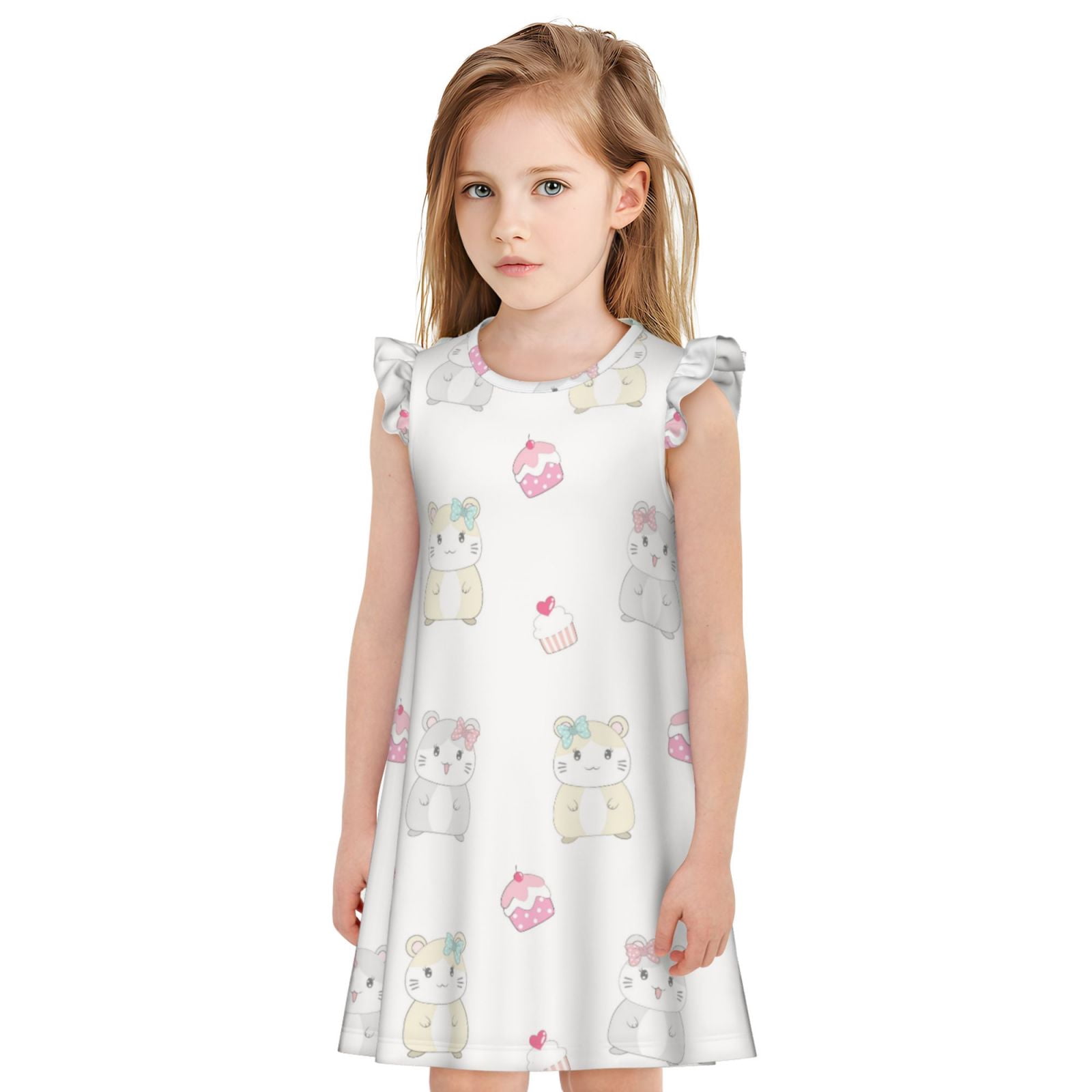 Girls Nightgowns - Cartoon Cute Hamster Cake Flutter Sleeves Sleepwear ...