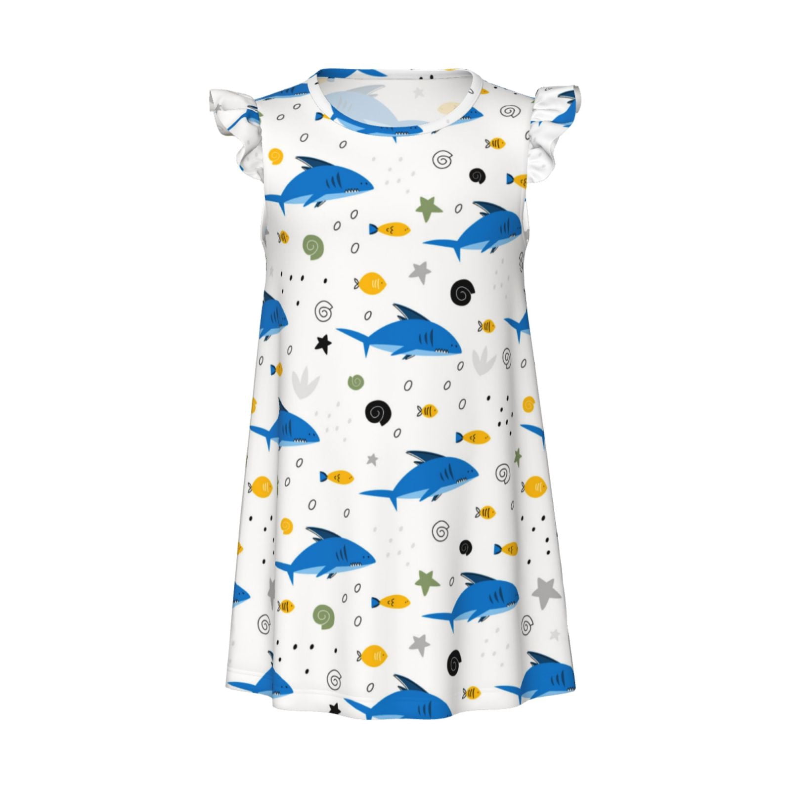 Girls Nightgowns - Cartoon Cute Shark Soft Comfort Flutter Sleeves ...