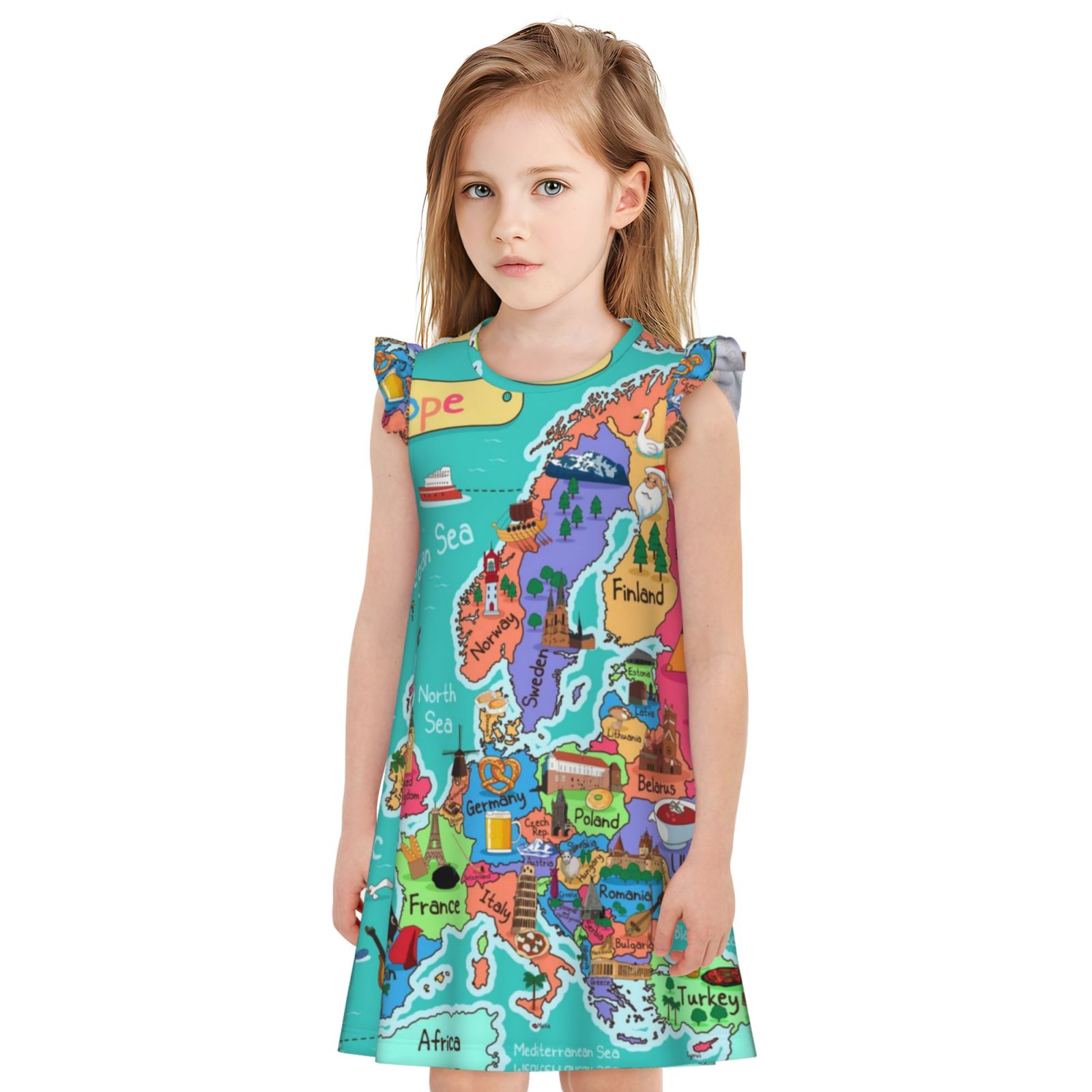 Girls Nightgowns - Cartoon Map Of Europe Soft Comfort Flutter Sleeves ...