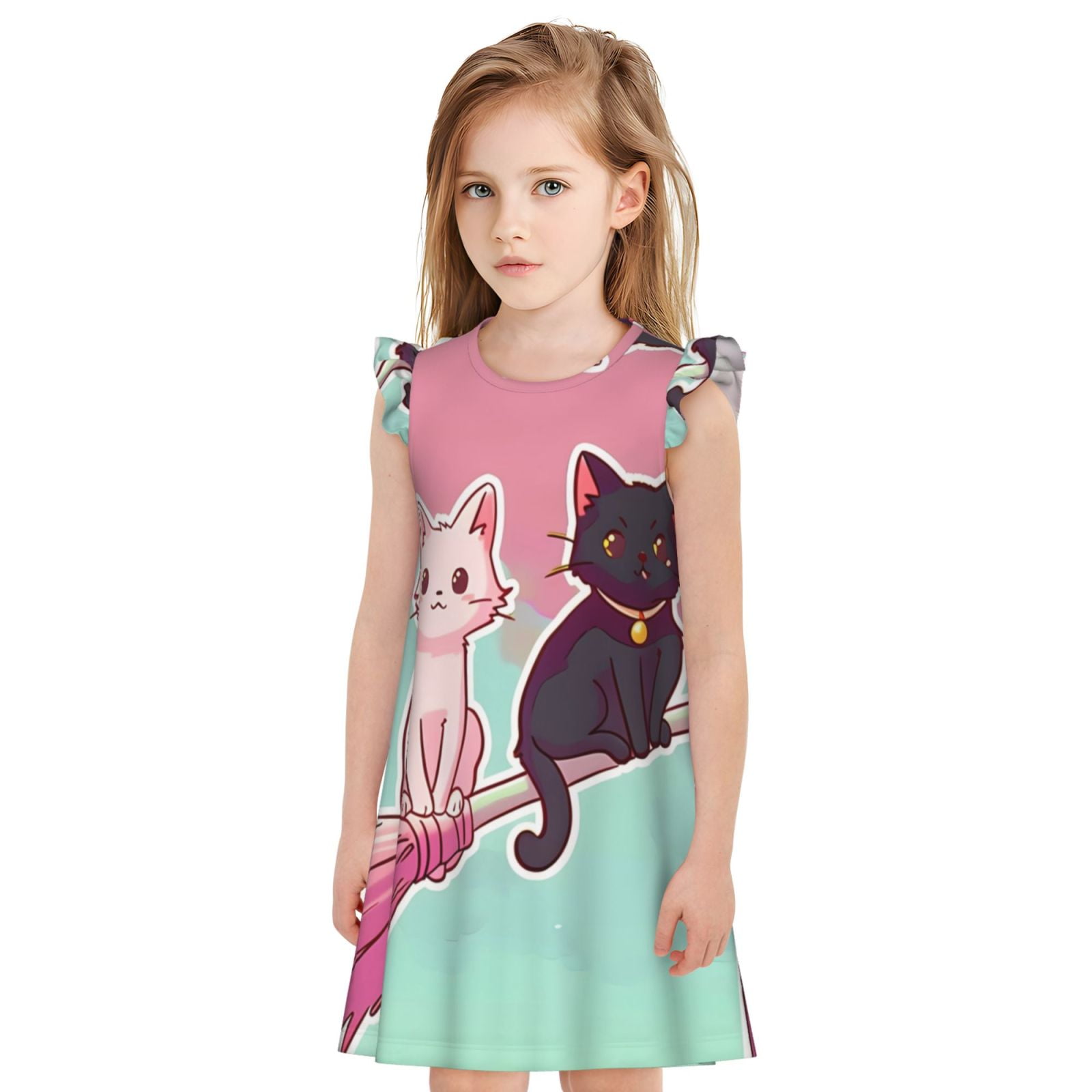 Girls Nightgowns - Cats On Broomstick Soft Comfort Flutter Sleeves ...