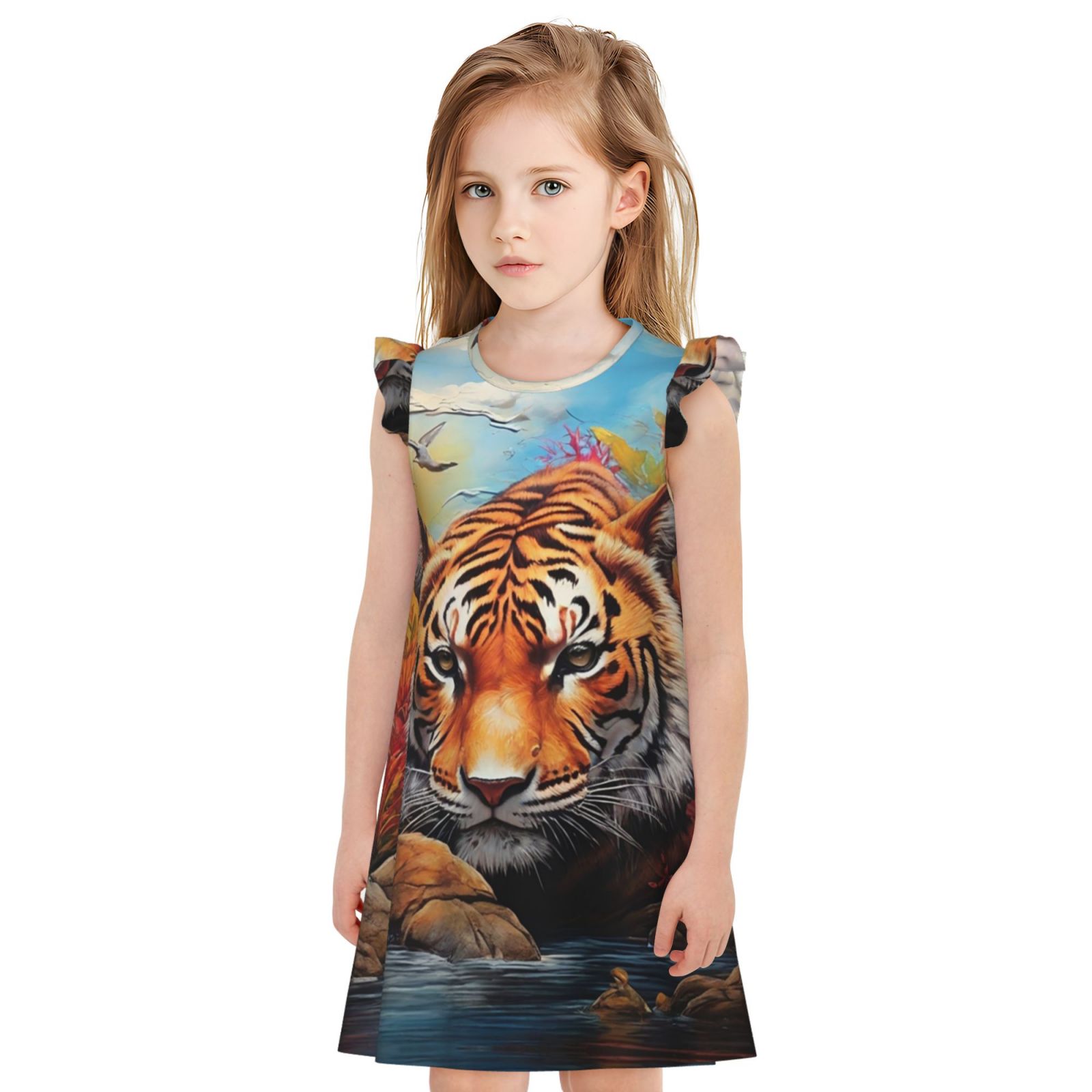 Girls Nightgowns - Colorful Plant Tiger Flutter Sleeves Sleepwear Night ...