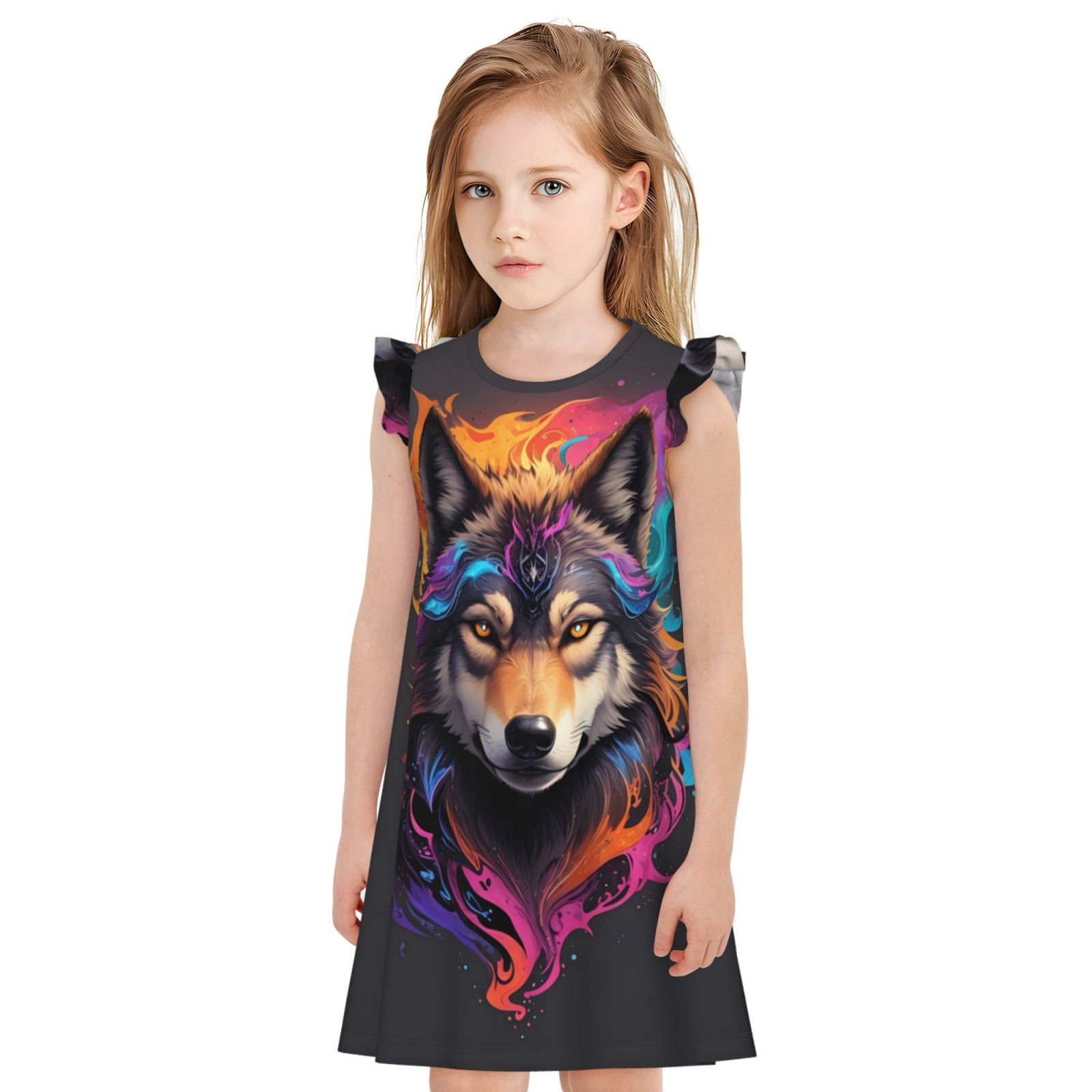 Girls Nightgowns - Colorful Wolf Head Flutter Sleeves Sleepwear Night ...