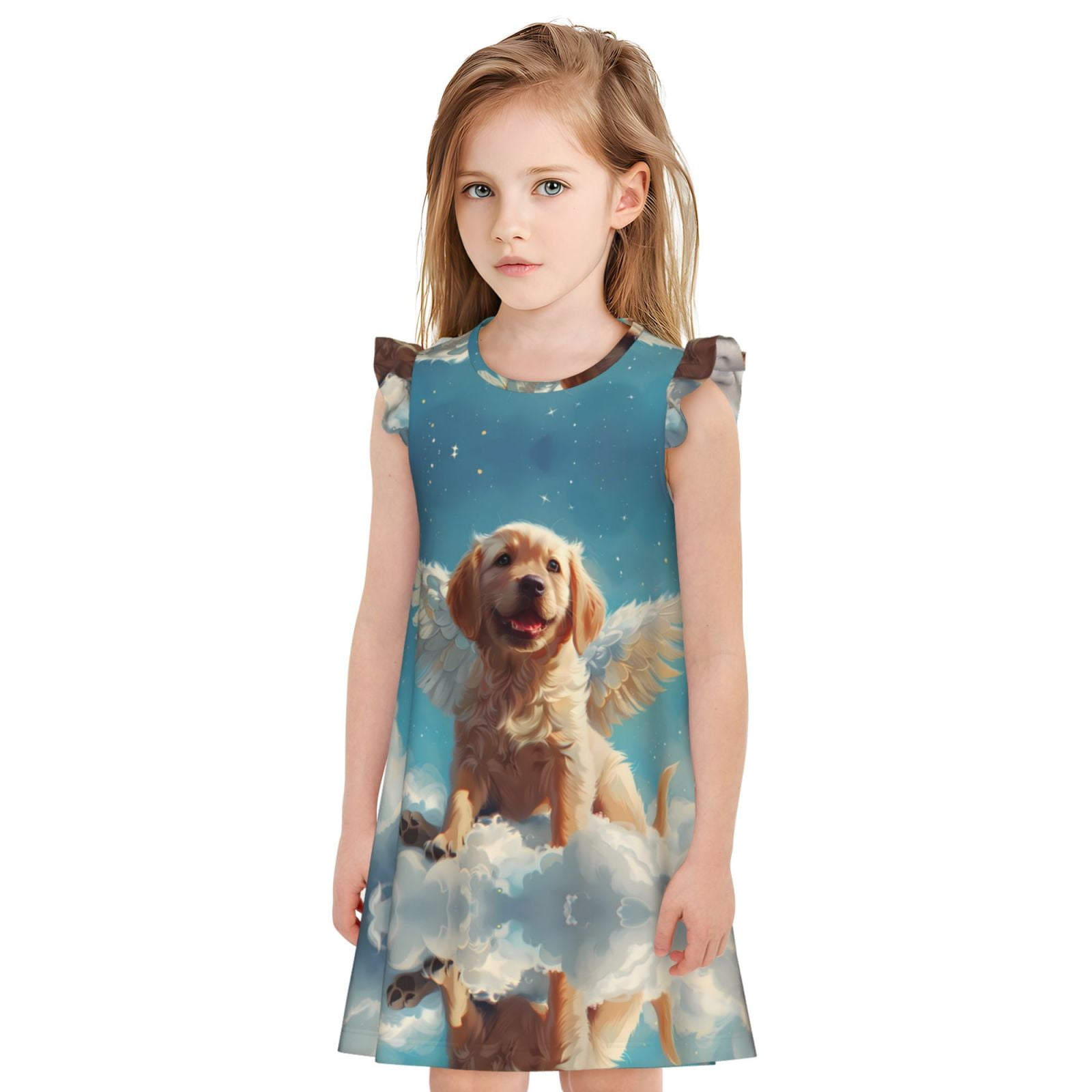 Girls Nightgowns - Cute Angel Winged Dog Flutter Sleeves Sleepwear ...