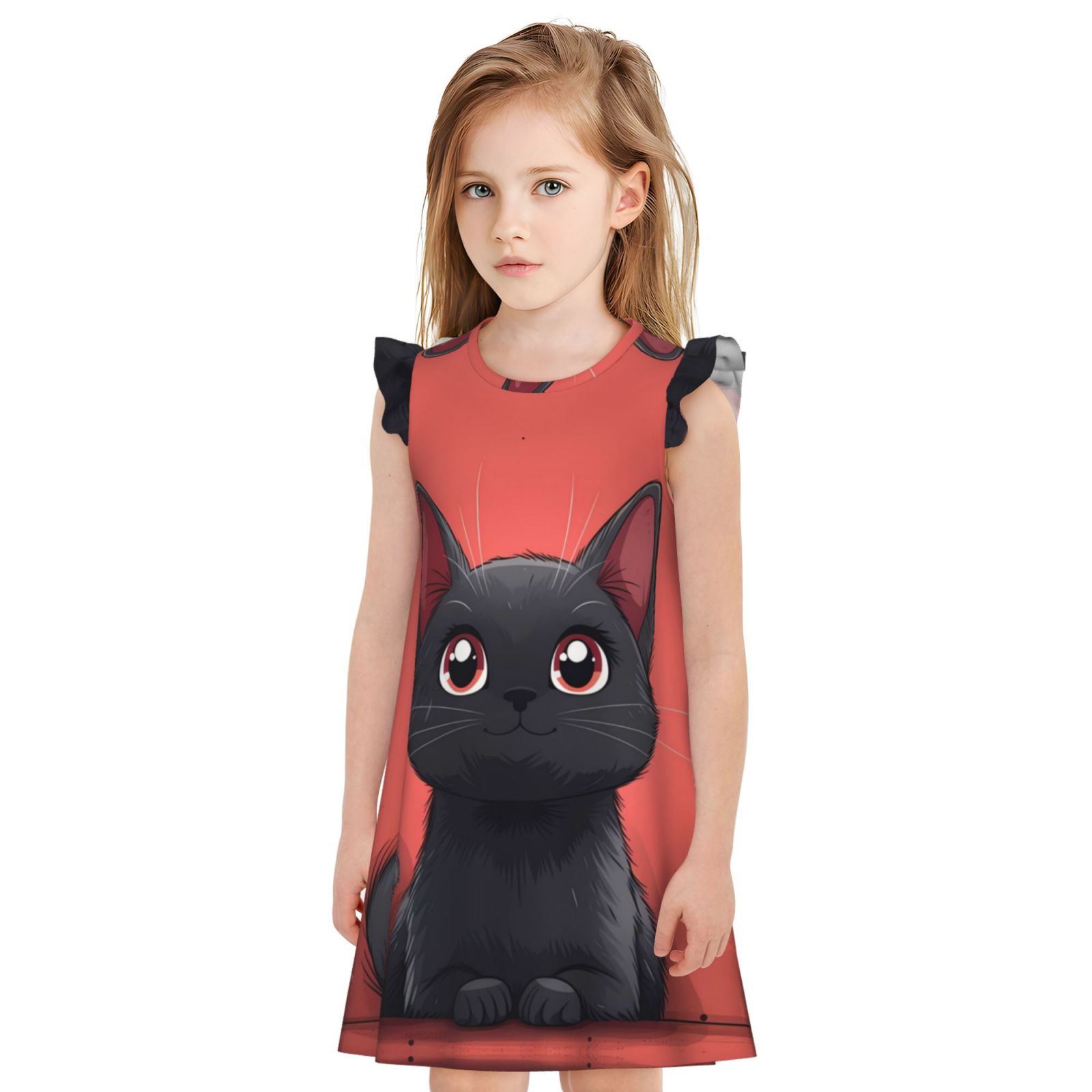 Girls Nightgowns - Cute Black Kitten Cartoon Flutter Sleeves Sleepwear ...
