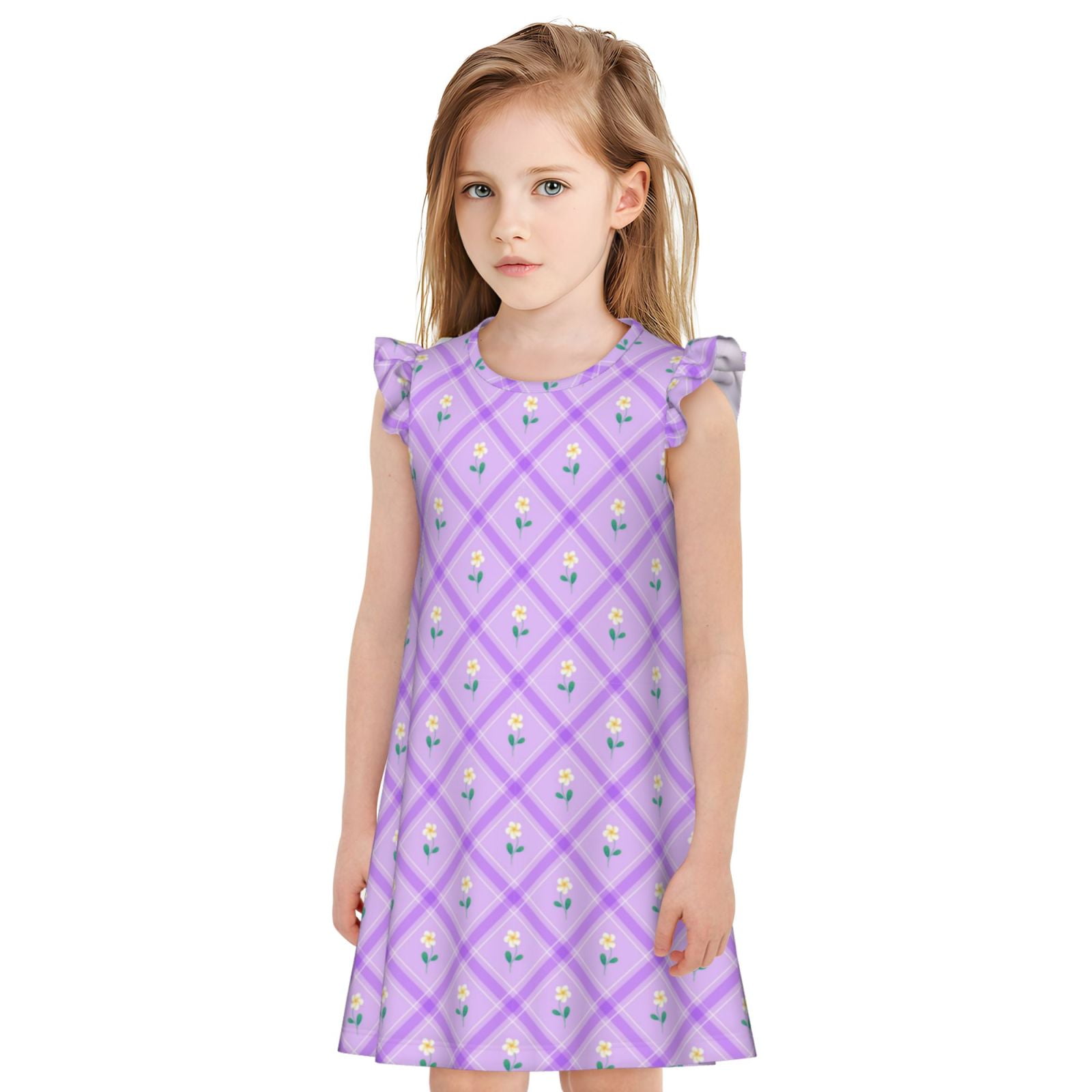 Girls Nightgowns - Cute Frangipani Lilac Checkered Flutter Sleeves ...