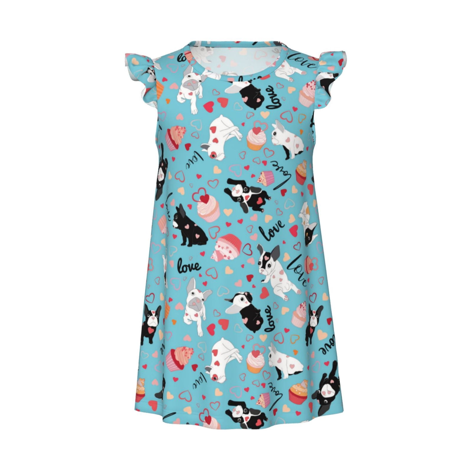 Girls Nightgowns, Cute French Bulldog Cake Love Flutter Sleeve Pajamas ...