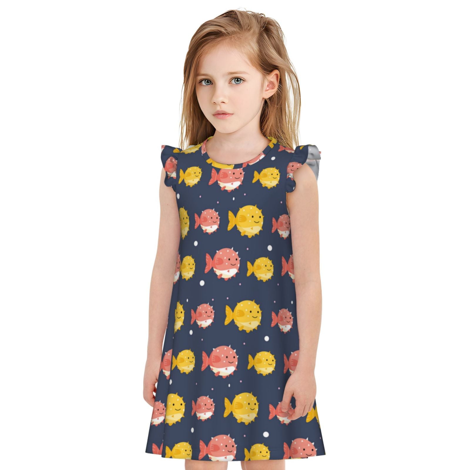 Girls Nightgowns - Cute Puffer Fish Flutter Sleeves Sleepwear Night ...