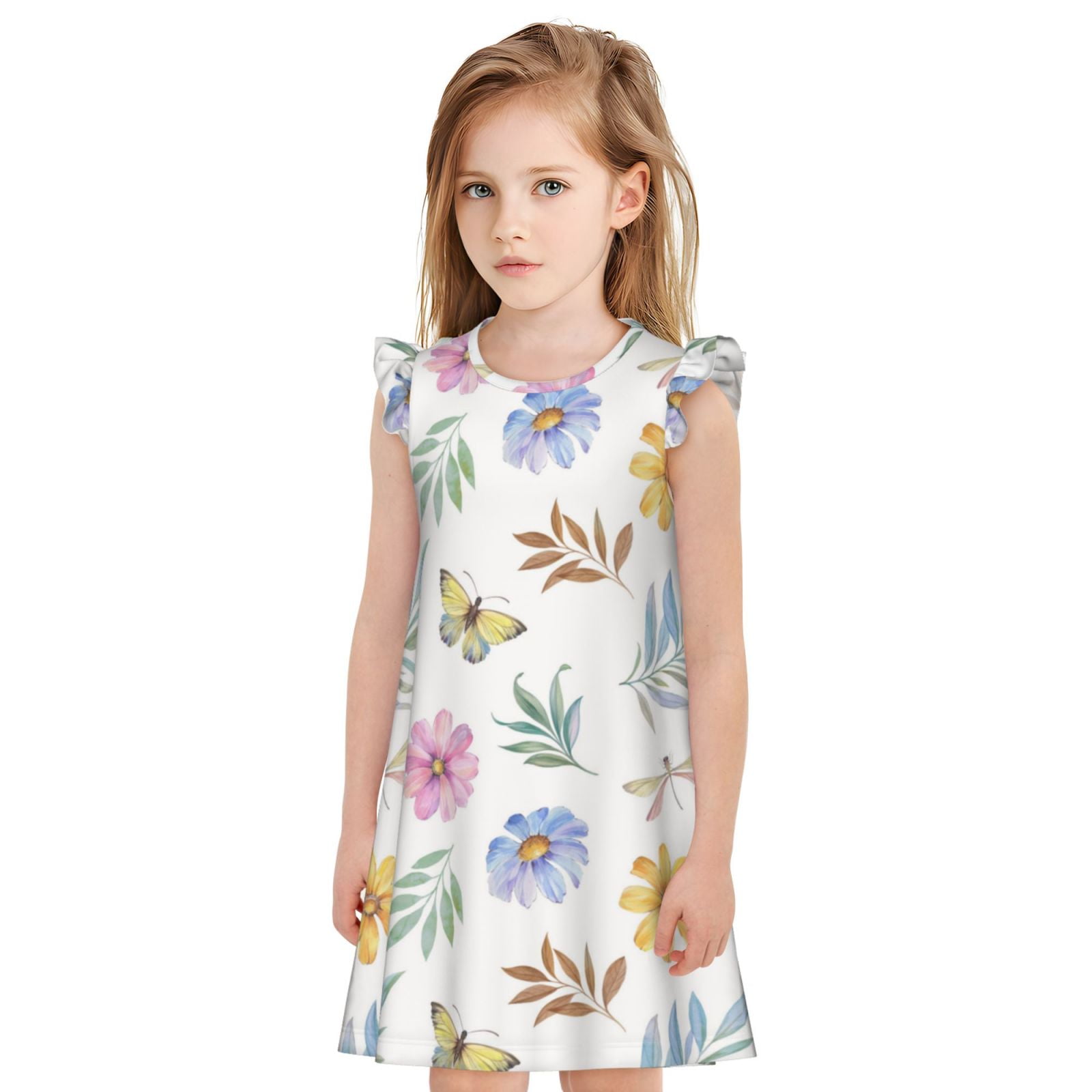 Girls Nightgowns - Daisy Butterfly Leaf Flutter Sleeves Sleepwear Night ...